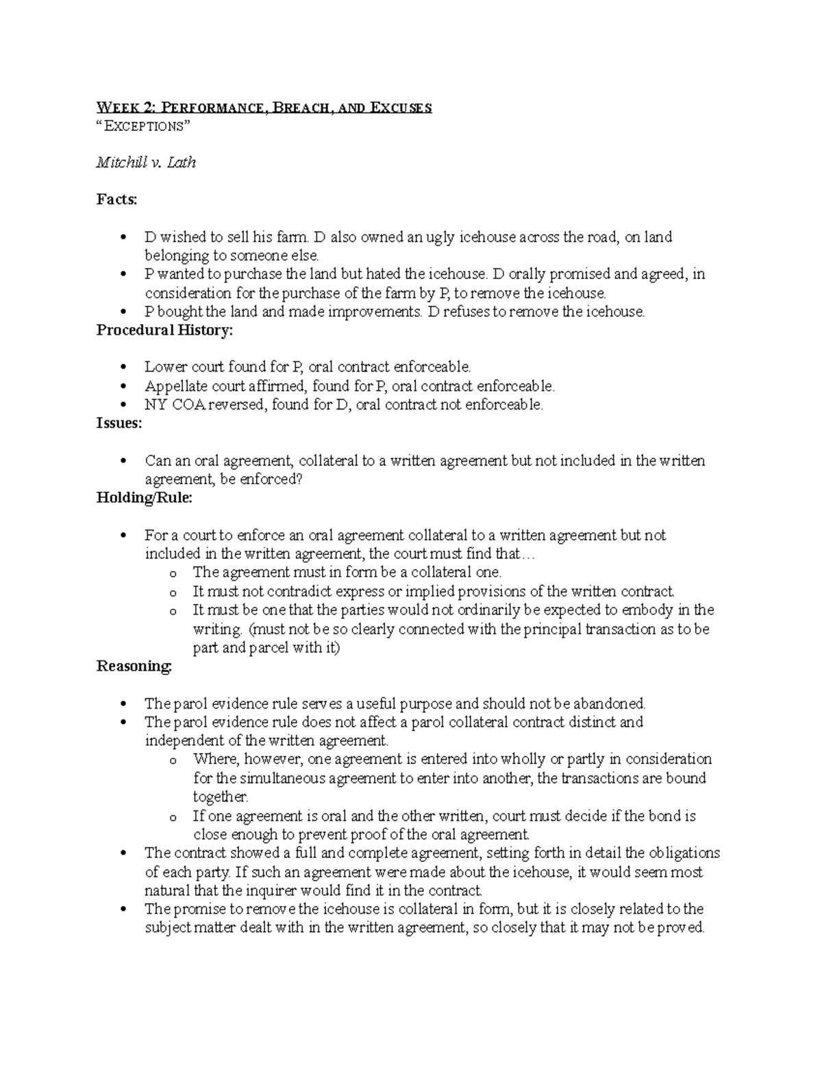 Week 2 - none - WEEK 2: PERFORMANCE, BREACH, AND EXCUSES “EXCEPTIONS ...