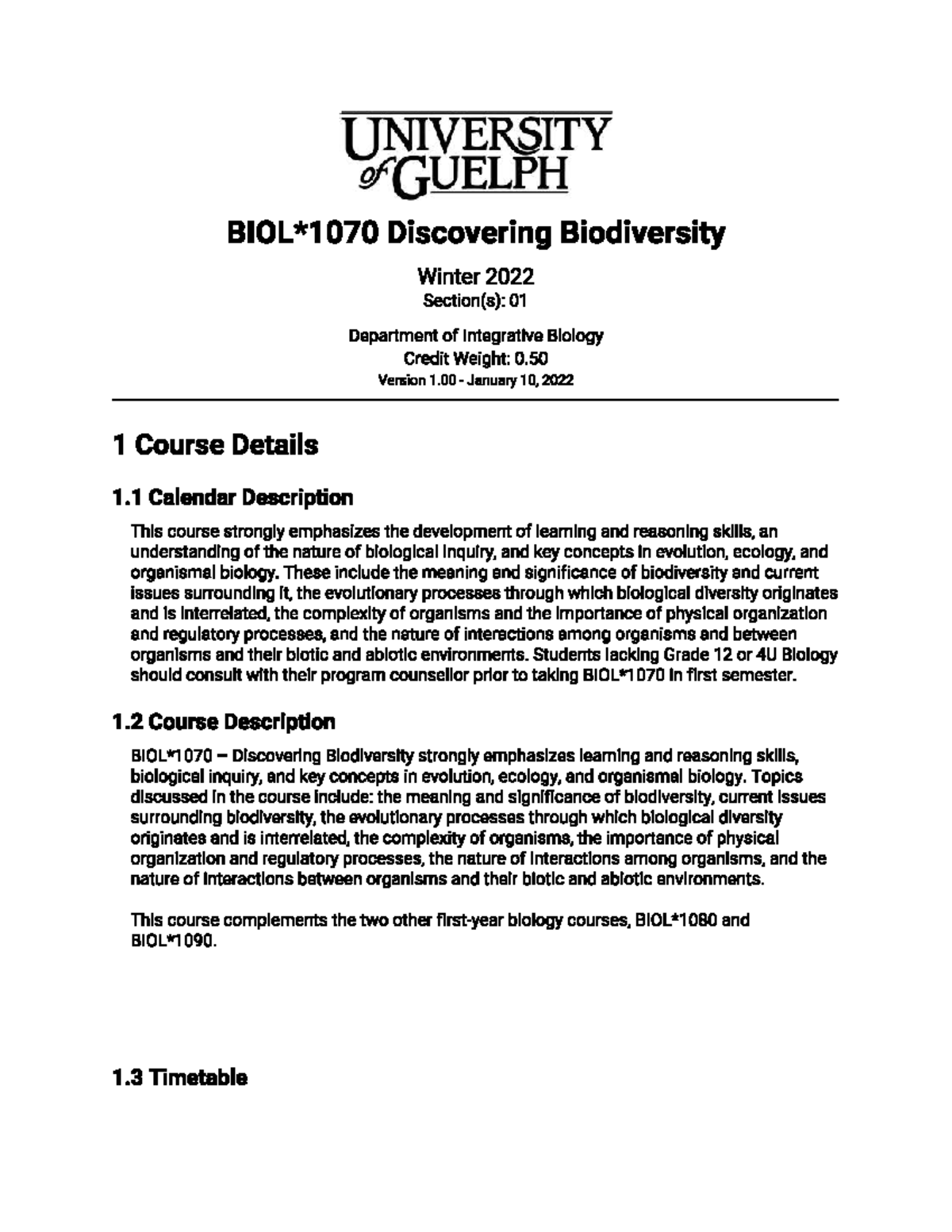 Course Outline - Sc/Biol 1001 - Studocu