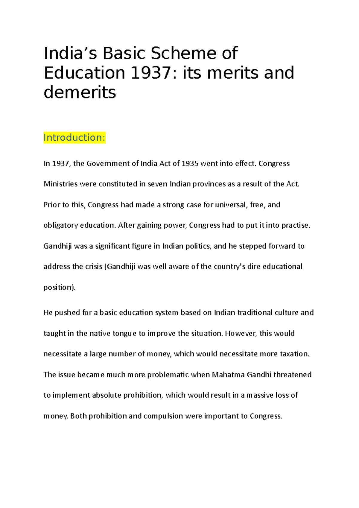 India’s Basic Scheme of Education 1937 its merits and demerits ...