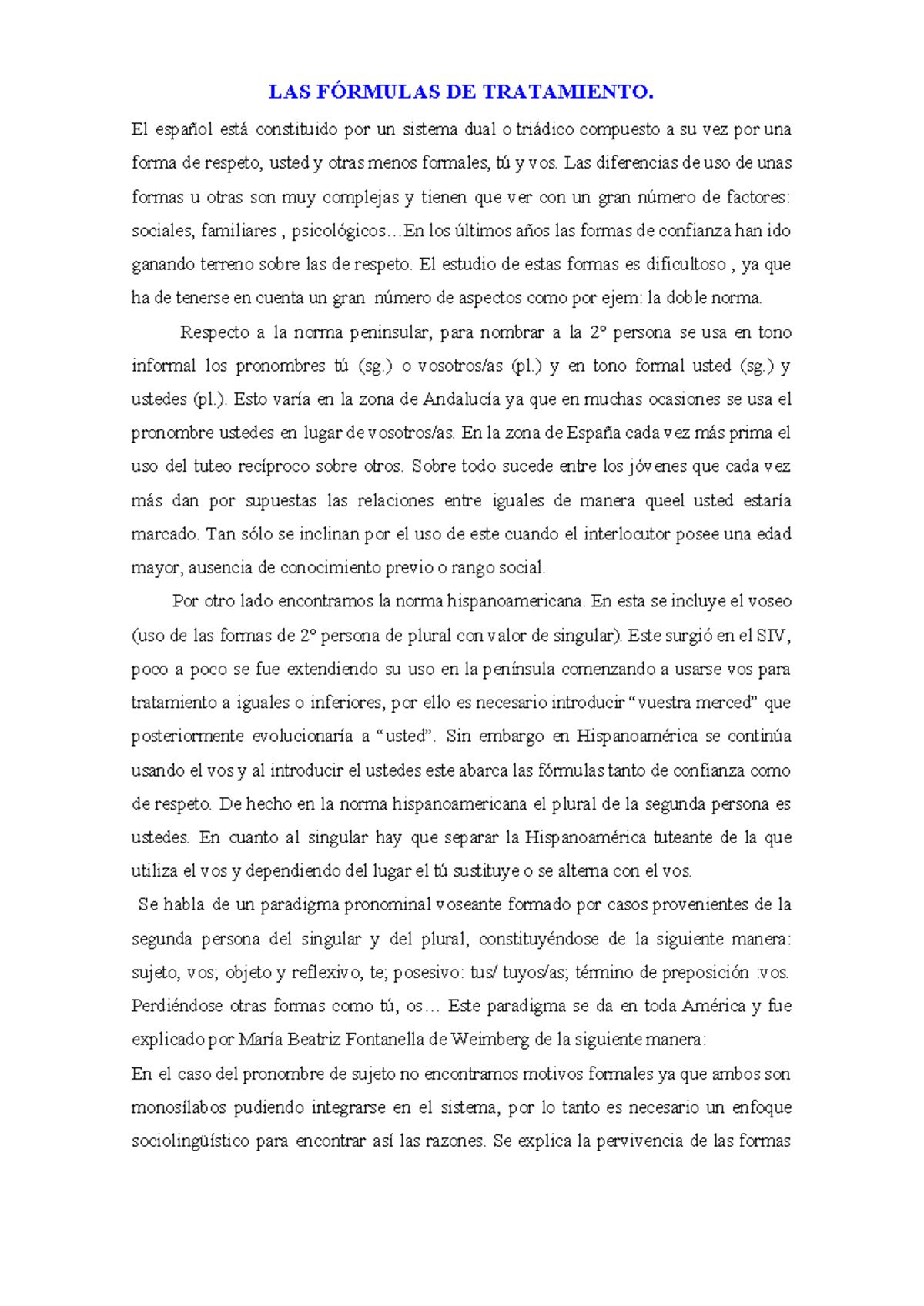 Resumen de las fórmulas de tratamiento en español - LAS FÓRMULAS DE ...