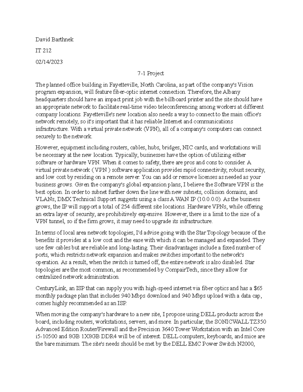 IT 212 Project 7 - David Barthnek IT 212 02/14/ 7-1 Project The planned ...