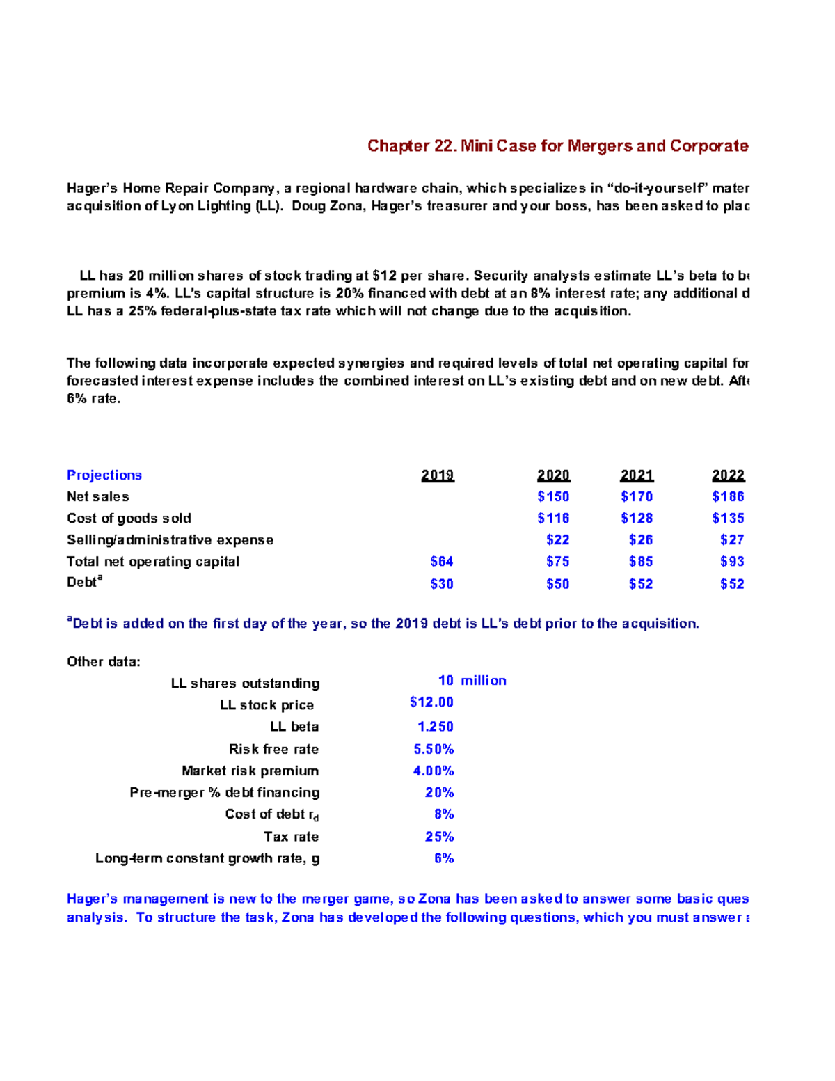 FM16 Ch22 Mini Case - Excel practice - Projections 2019 2020 2021 2022 Net sales $150 $170 ...