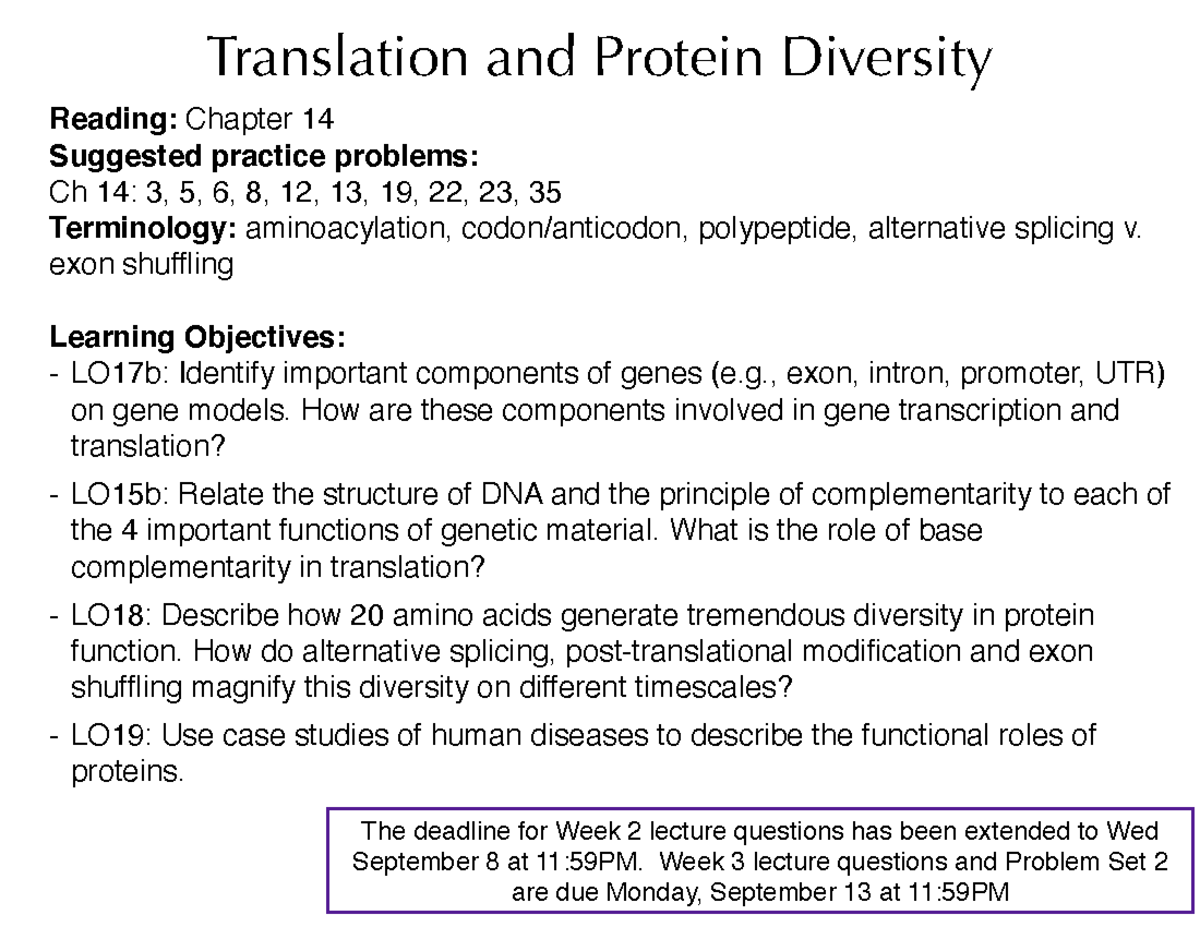 Genetics lec7 9 8 21 - Translation and Protein Diversity Reading ...