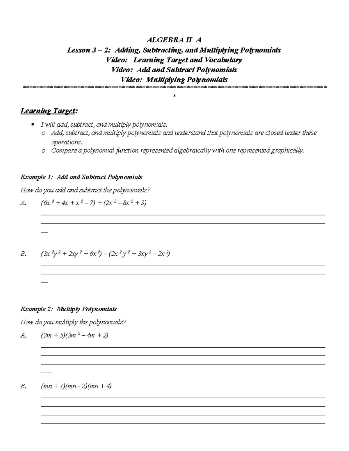 Lesson 3.2 Notes - assignment - ALGEBRA II A Lesson 3 – 2: Adding ...