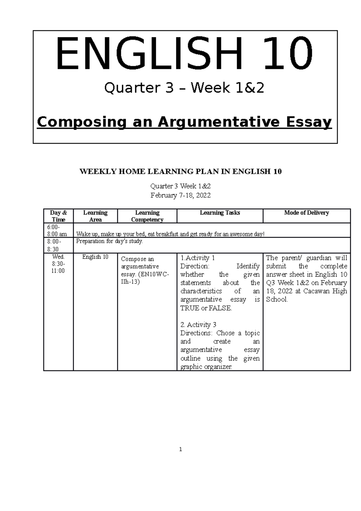 English 10 q3 w1-2 localized - WEEKLY HOME LEARNING PLAN IN ENGLISH 10 ...
