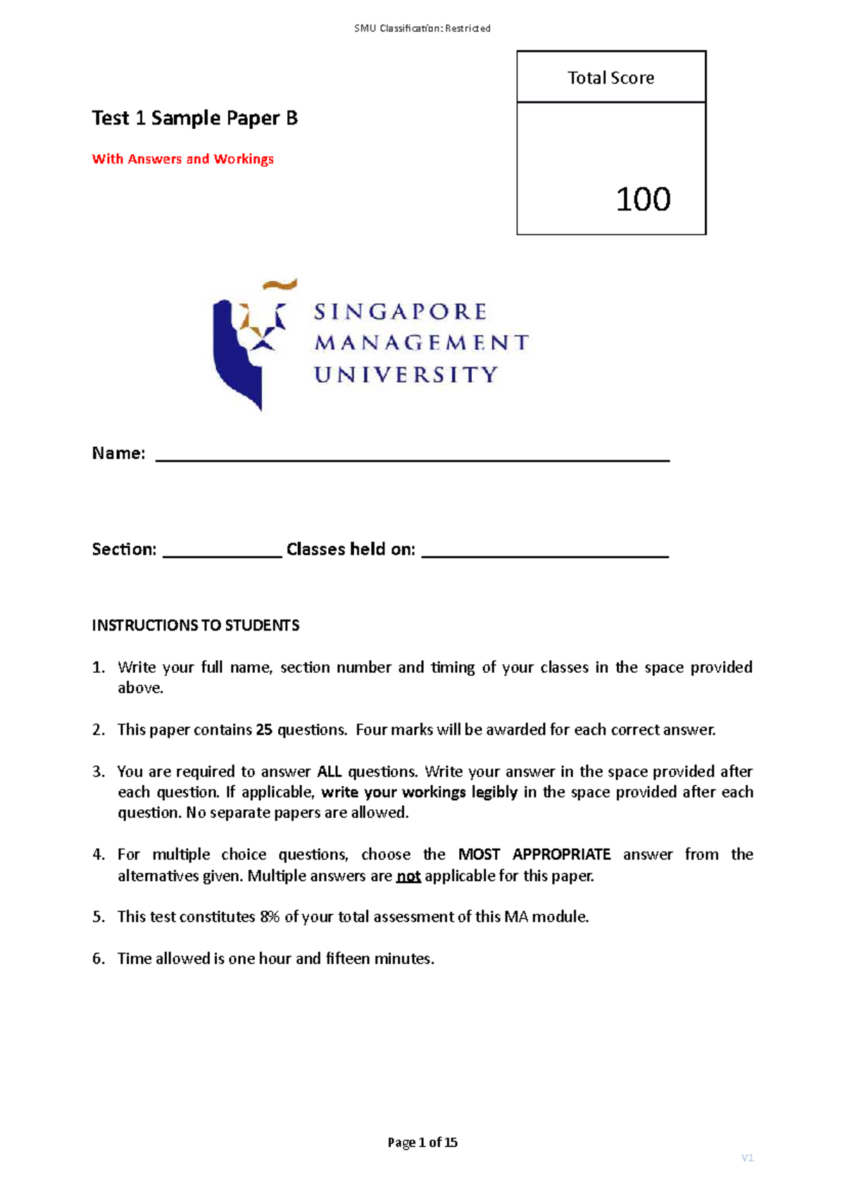 1B Test 1 Sample Paper B with Ans Jan 2022 - Total Score Test 1 Sample ...