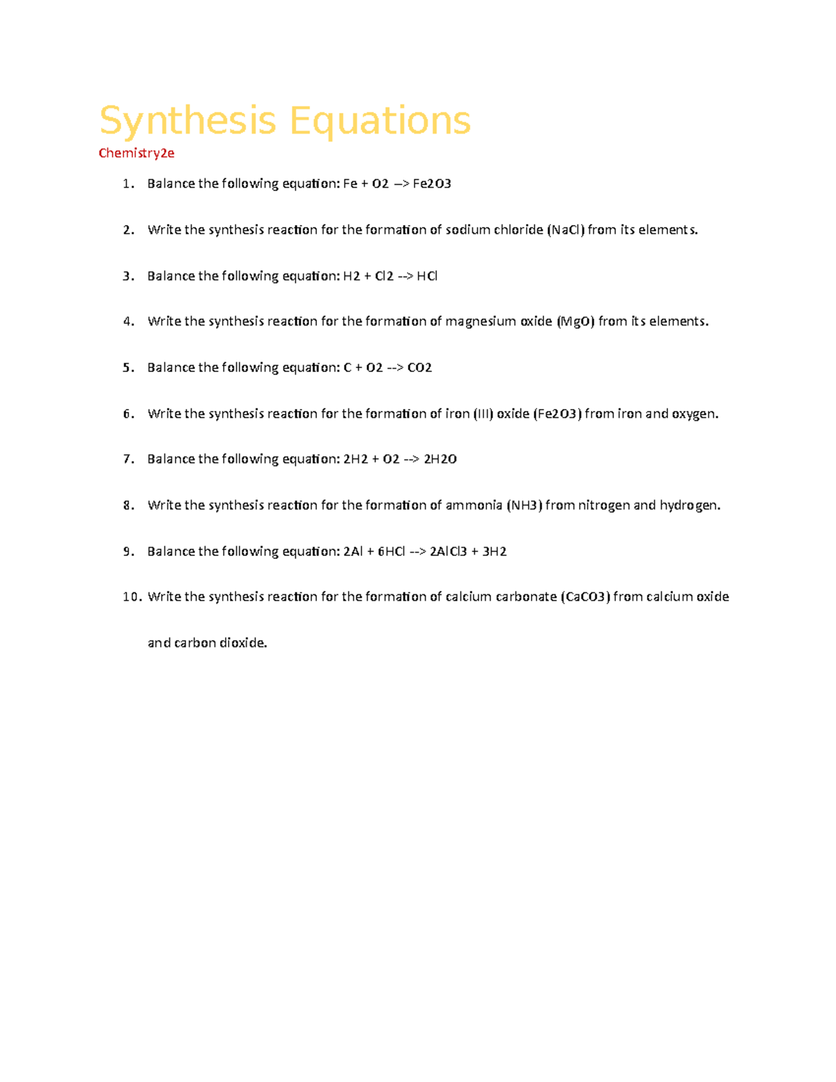 Synthesis Equations-chemistry 1 - Synthesis Equations Chemistry2e 1 ...