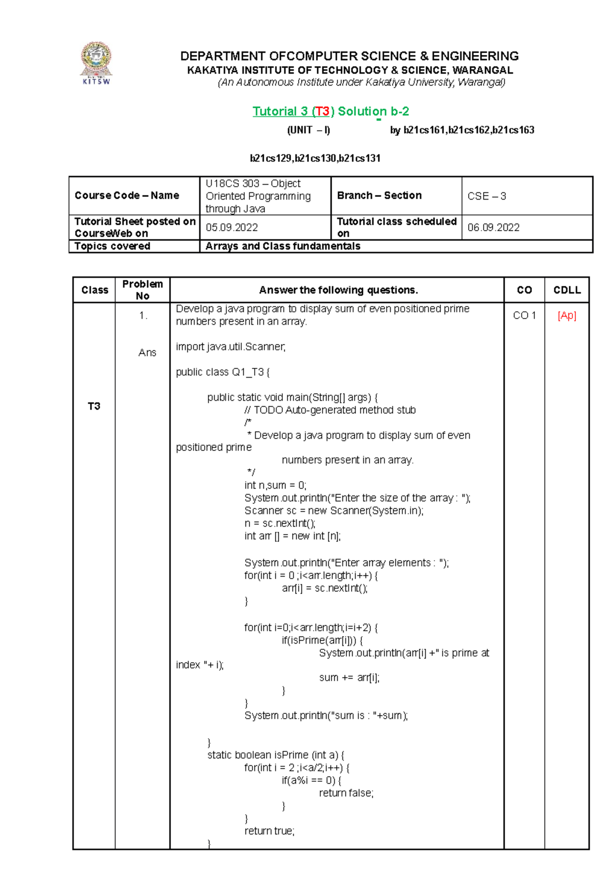 3CSE OOPJ T3 Week3 Solution - DEPARTMENT OFCOMPUTER SCIENCE & ENGINEERING KAKATIYA INSTITUTE OF ...