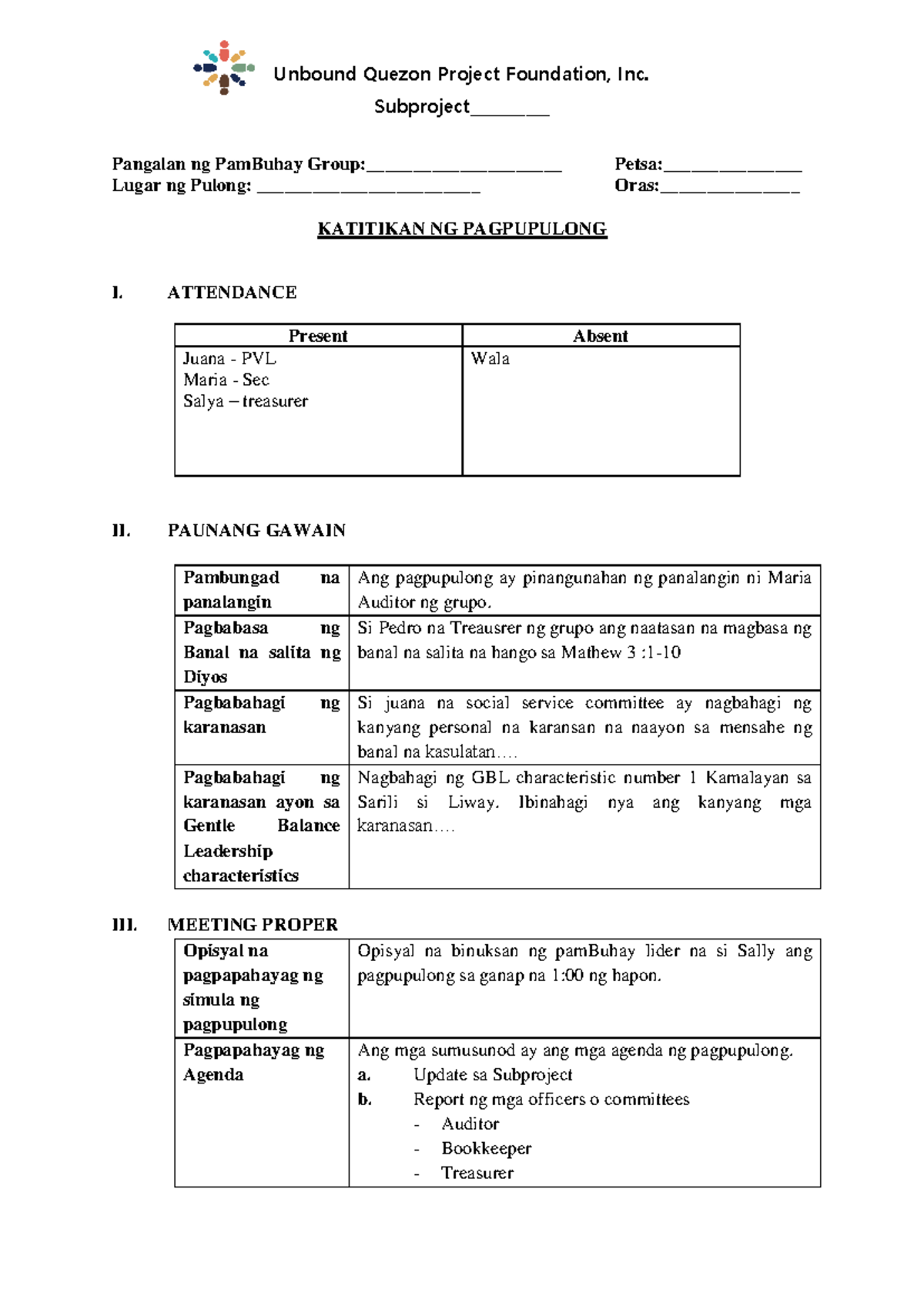 Minutes-Format Tagalog-sample-1 - Subproject__________ Pangalan ng ...