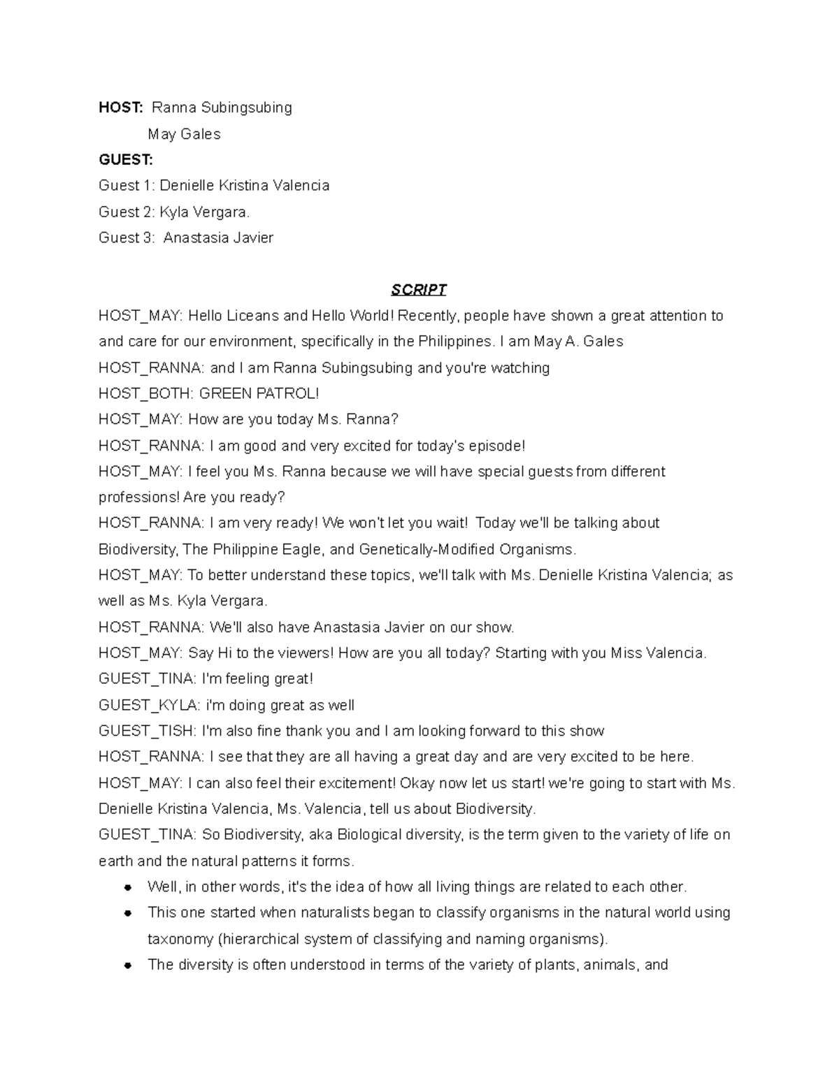 Talkshow Script - HOST: Ranna Subingsubing May Gales GUEST: Guest 1 ...