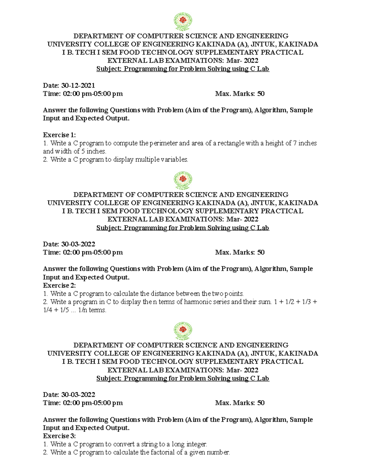 FE Question Paper each - UNIVERSITY COLLEGE OF ENGINEERING KAKINADA (A ...