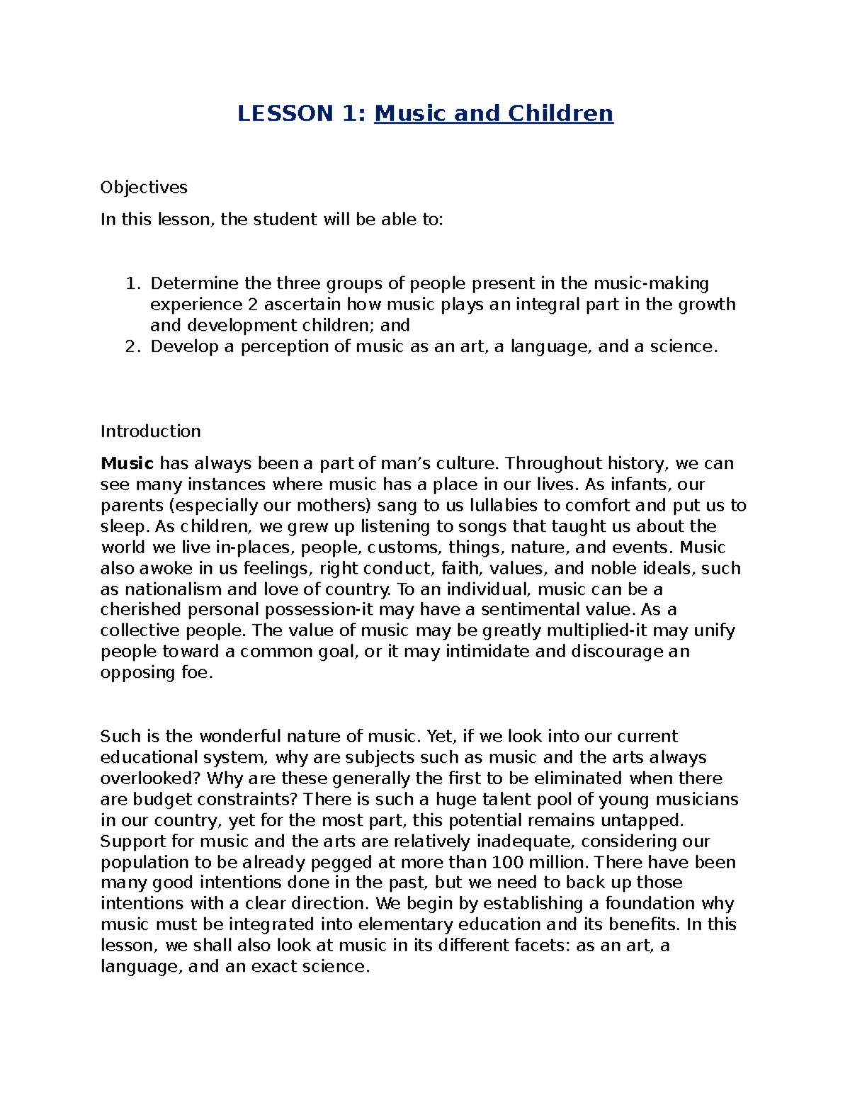 Lesson 1 Music and Children - LESSON 1: Music and Children Objectives ...