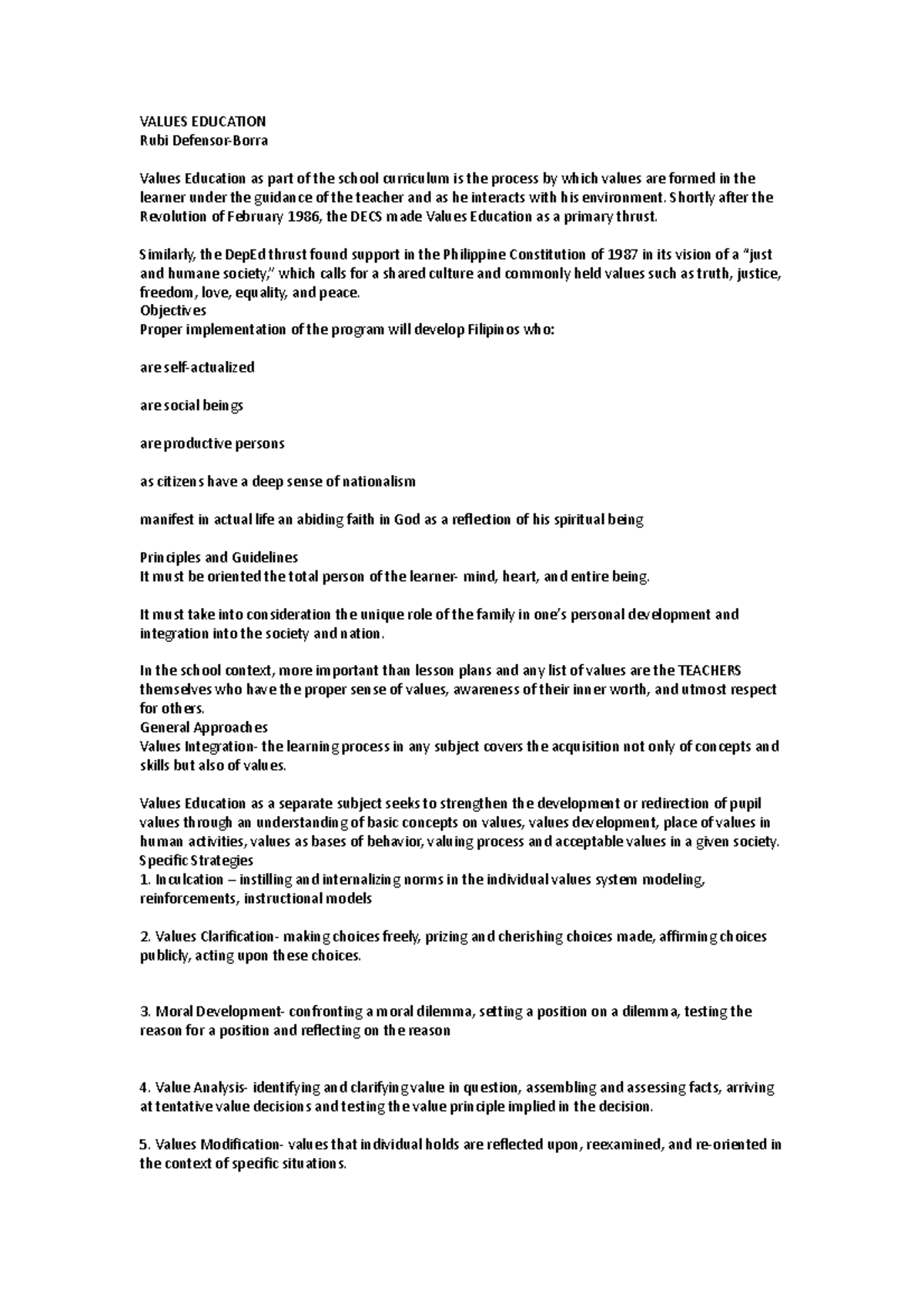 Values Education - VALUES EDUCATION Rubi Defensor-Borra Values ...