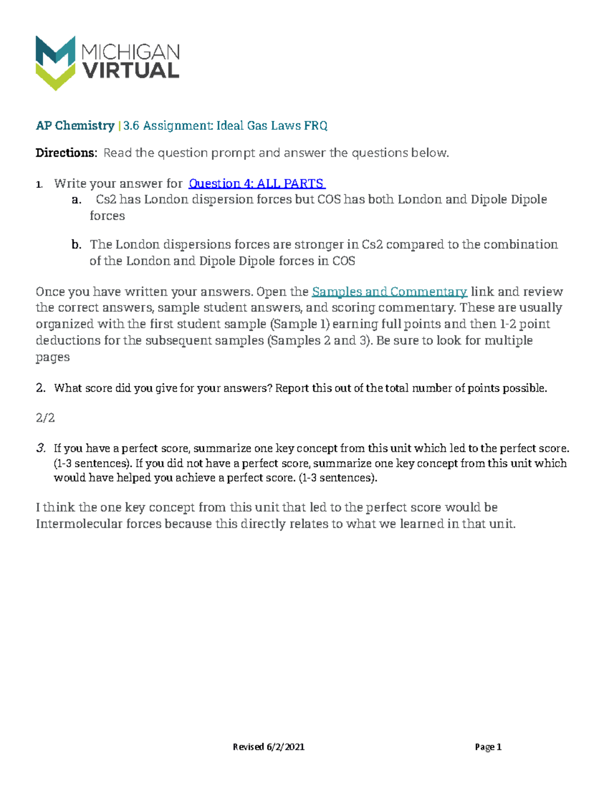 3.6 Ideal Gas Law FRQ (1)4444 - AP Chemistry | 3 Assignment: Ideal Gas ...