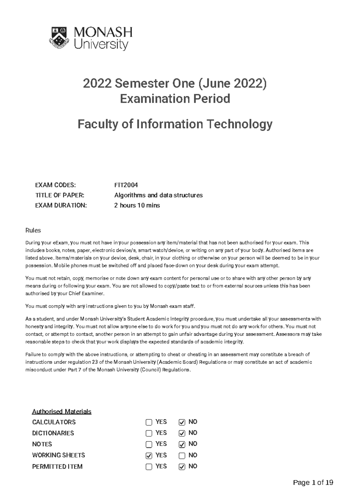Exam - Past Exam for FIT2004 - 2022 Semester One (June 2022 ...