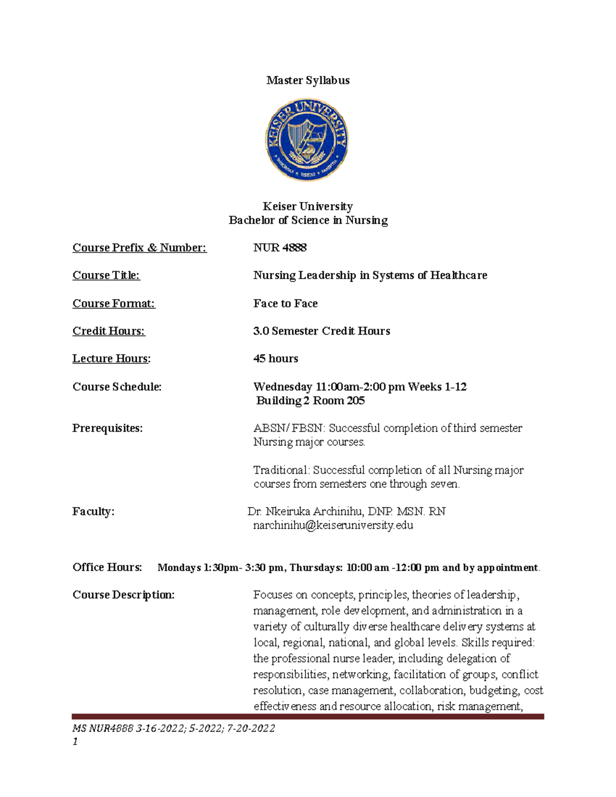 NUR4888 Syllabus and Calendar Nursing Leadership Cohort 12(1) - Master ...