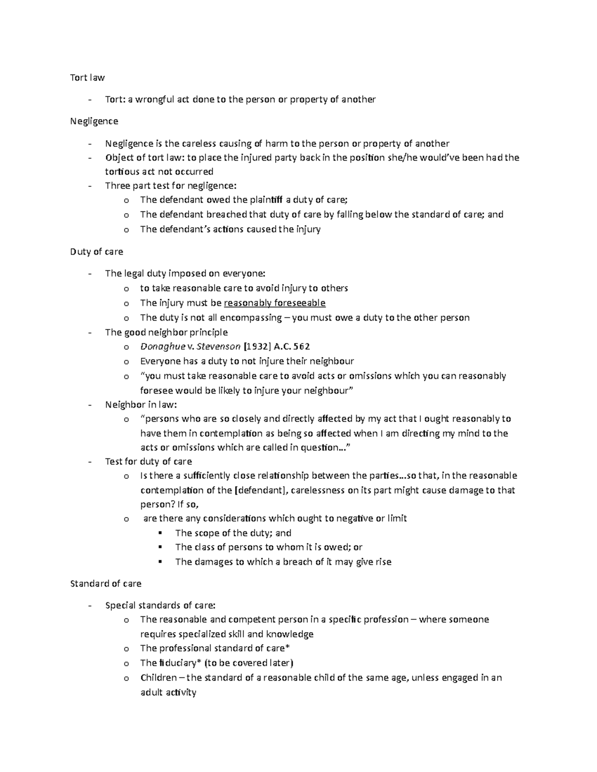 Lecture 3 in class notes - Tort law - Tort: a wrongful act done to the ...