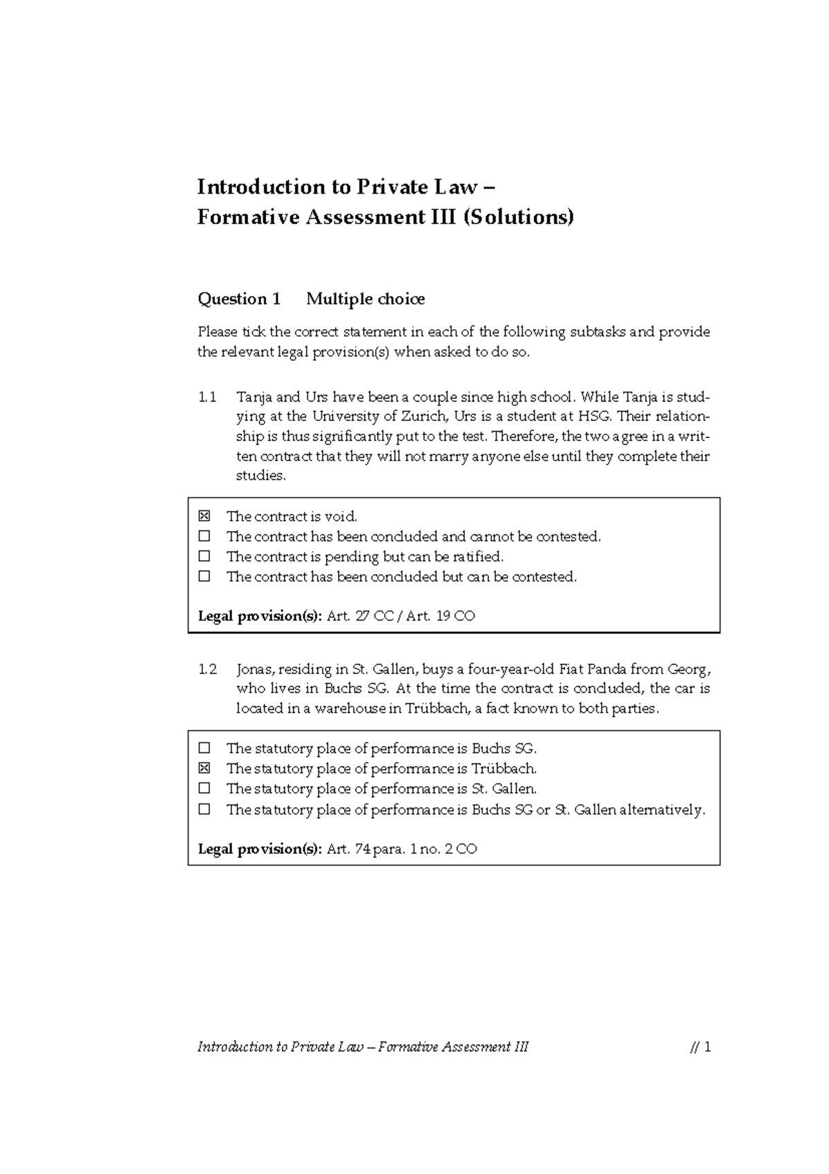 Formative Assessment III (Solutions) - Introduction to Private Law ...