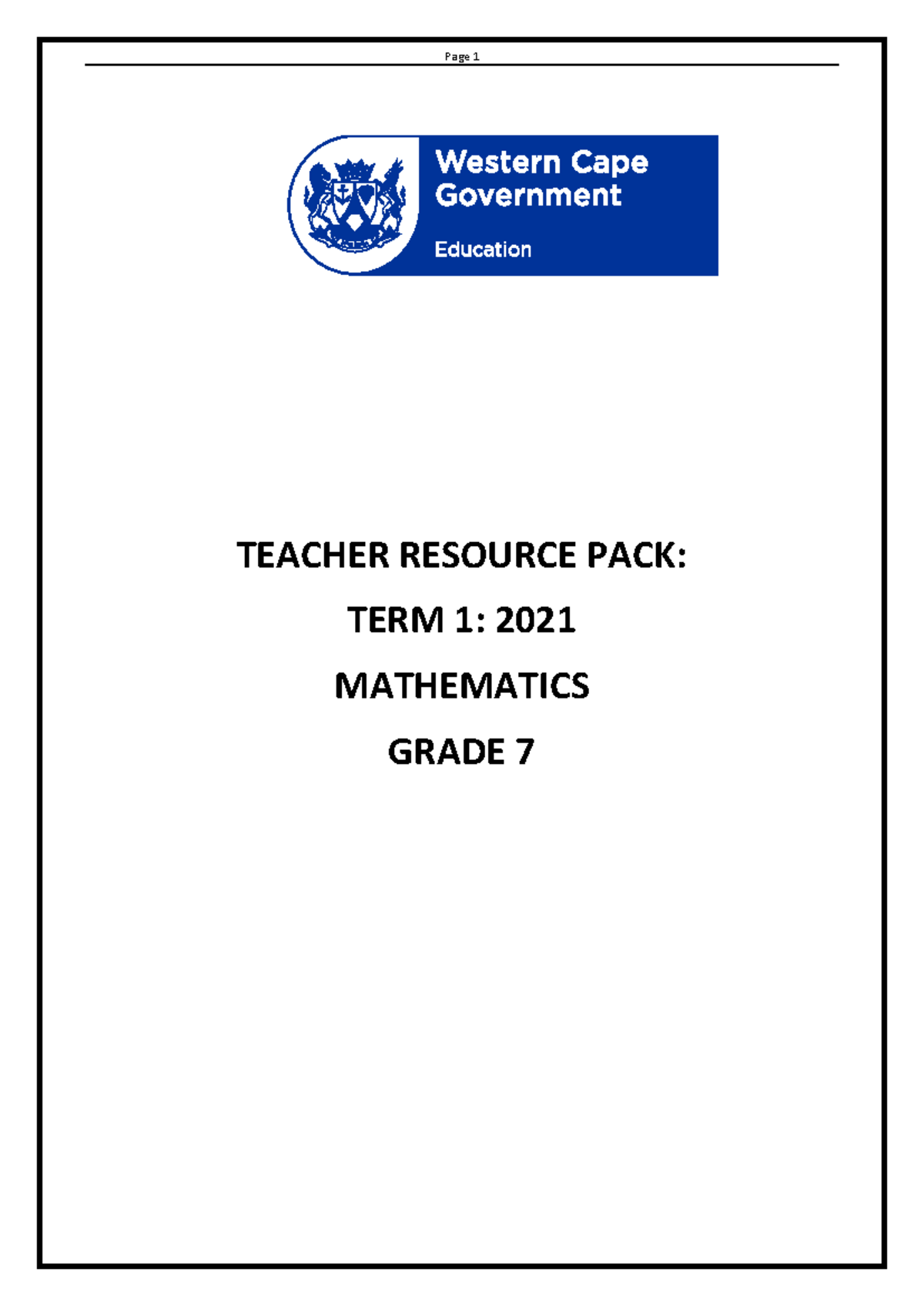 Grade 7 Maths Teacher Resource Pack Term 1 2021 - TEACHER RESOURCE PACK ...