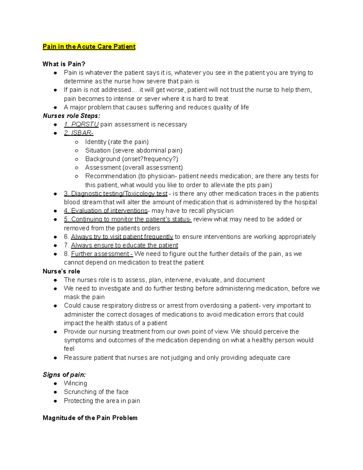 Week 1 Lecture Notes - Pain in the Acute Care Patient What is Pain ...