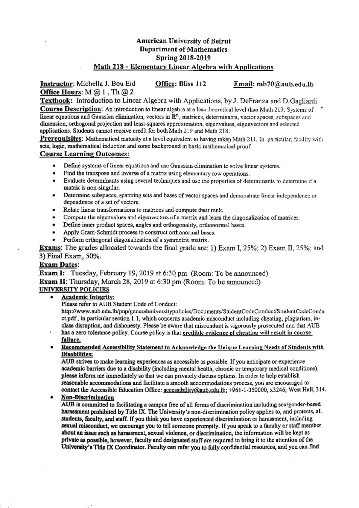 Math 218 aub syllabus - Linear Algebra - Studocu