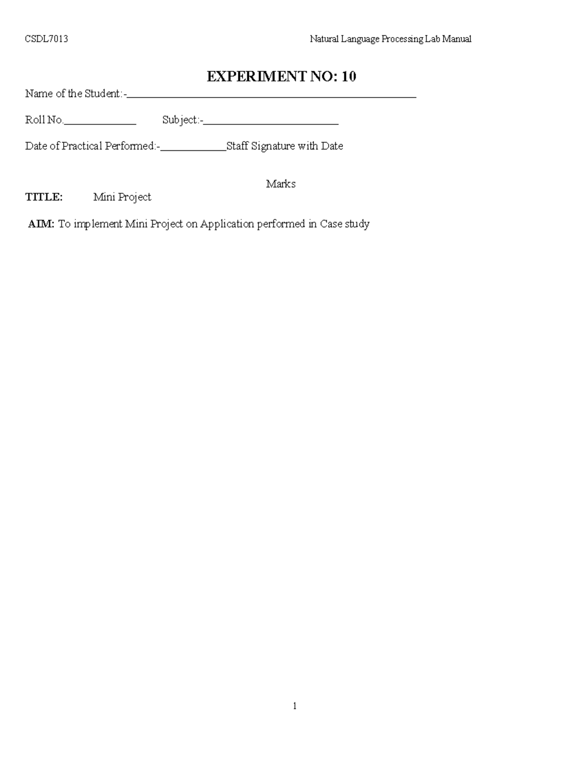 Nlp removed - CSDL7013 Natural Language Processing Lab Manual 1 EXPERIMENT NO: 10 Name of the ...