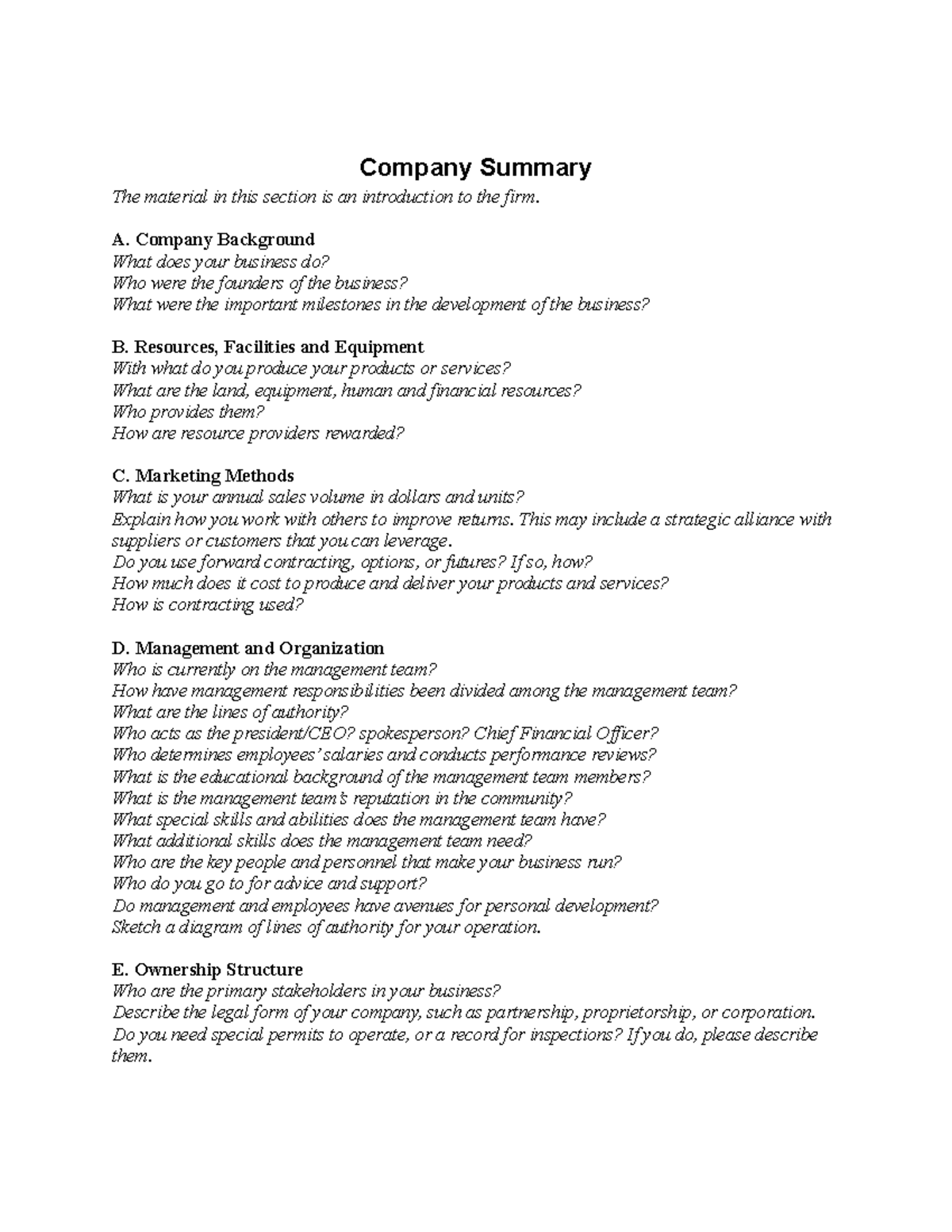 Step 2 Business Plan - Company Summary The material in this section is ...