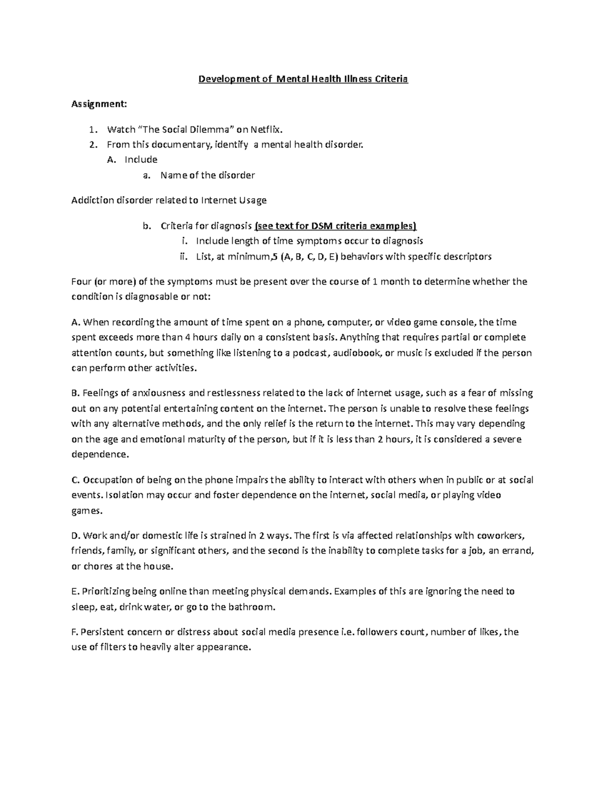 DSM diagnosis development assignment (1) (Auto Recovered) - Development of Mental Health Illness ...