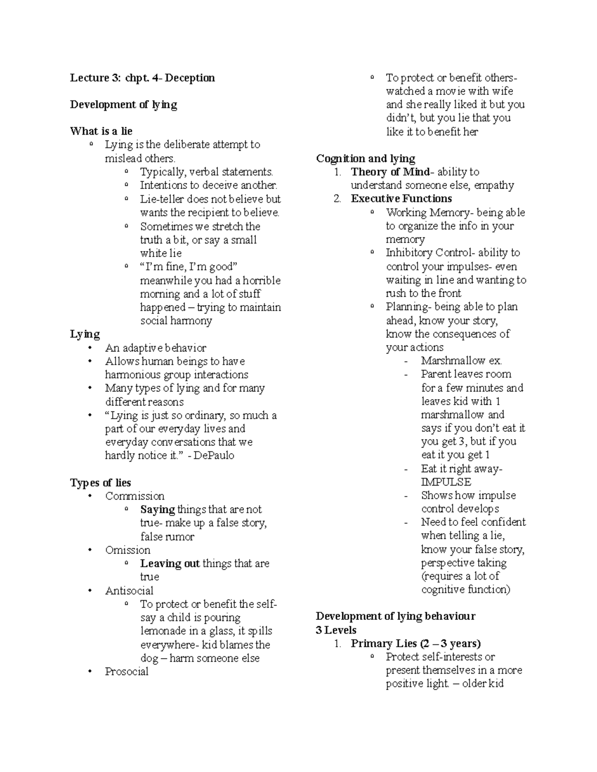Lecture 3- Deception - Lecture 3: chpt. 4- Deception Development of lying What is a lie Lying is ...