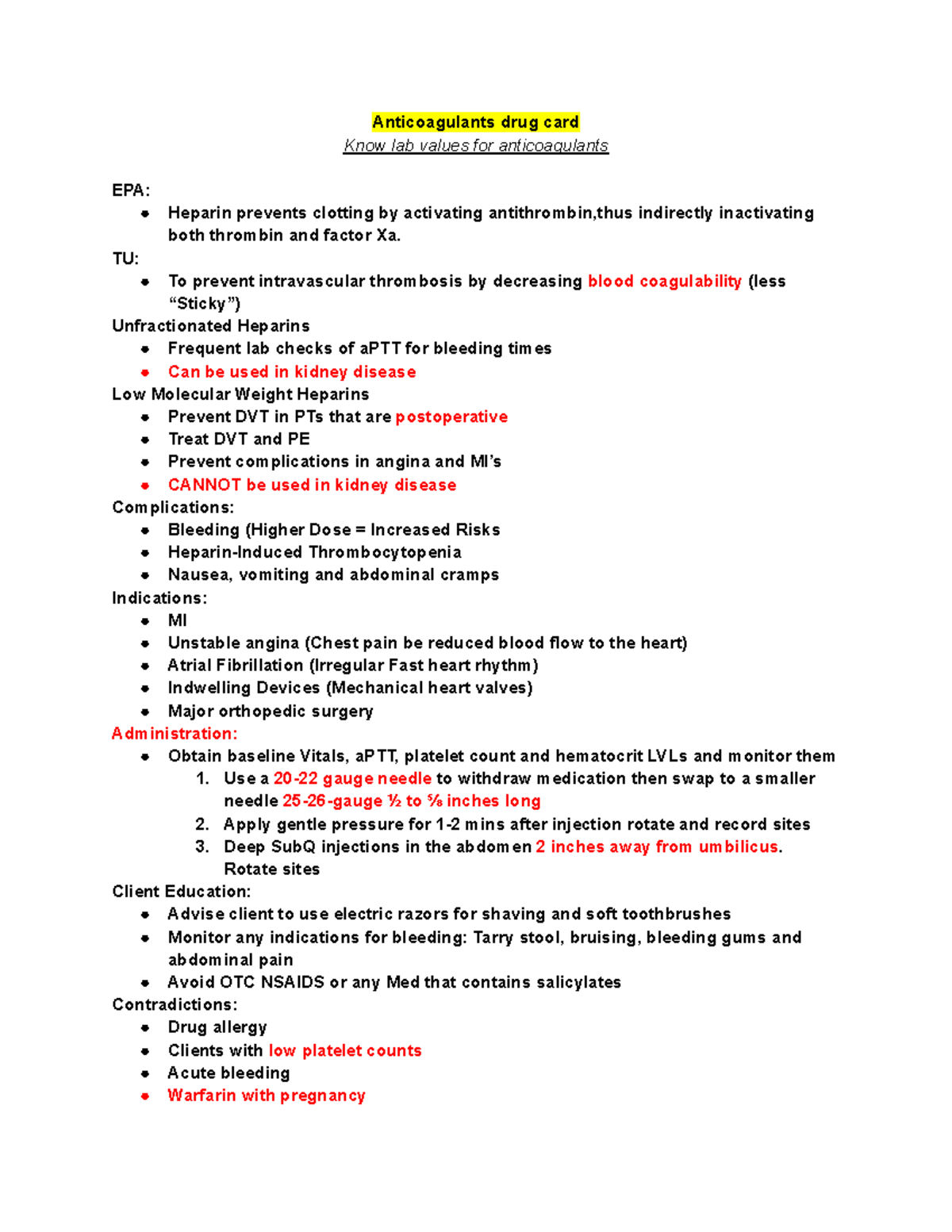 Pharm EXAM 3 - Anticoagulants drug card Know lab values for ...