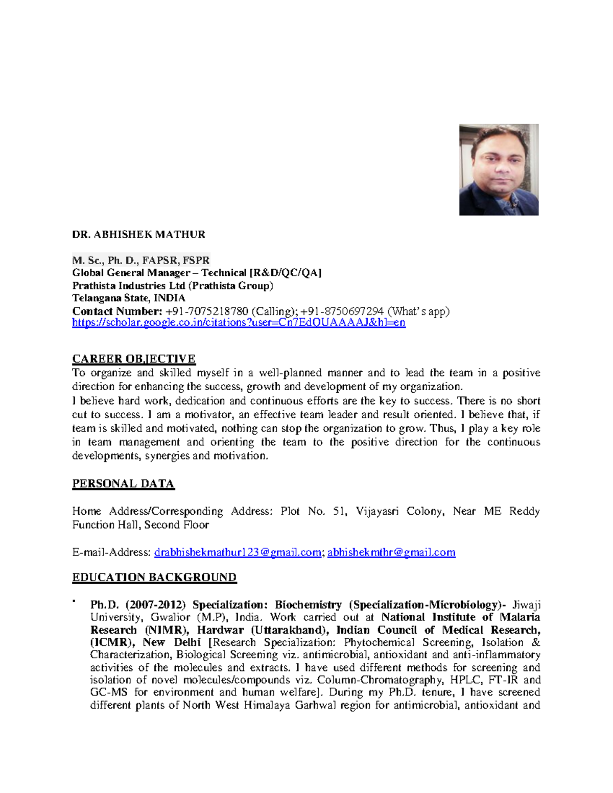 Dr Abhishek Mathur - DR. ABHISHEK MATHUR M. Sc., Ph. D., FAPSR, FSPR ...