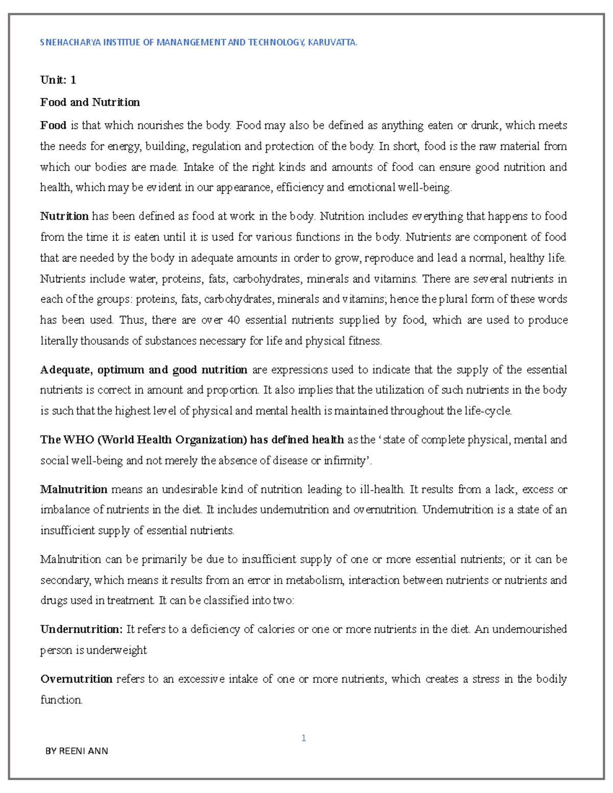 Food and nutrition - Unit: 1 Food and Nutrition Food is that which ...