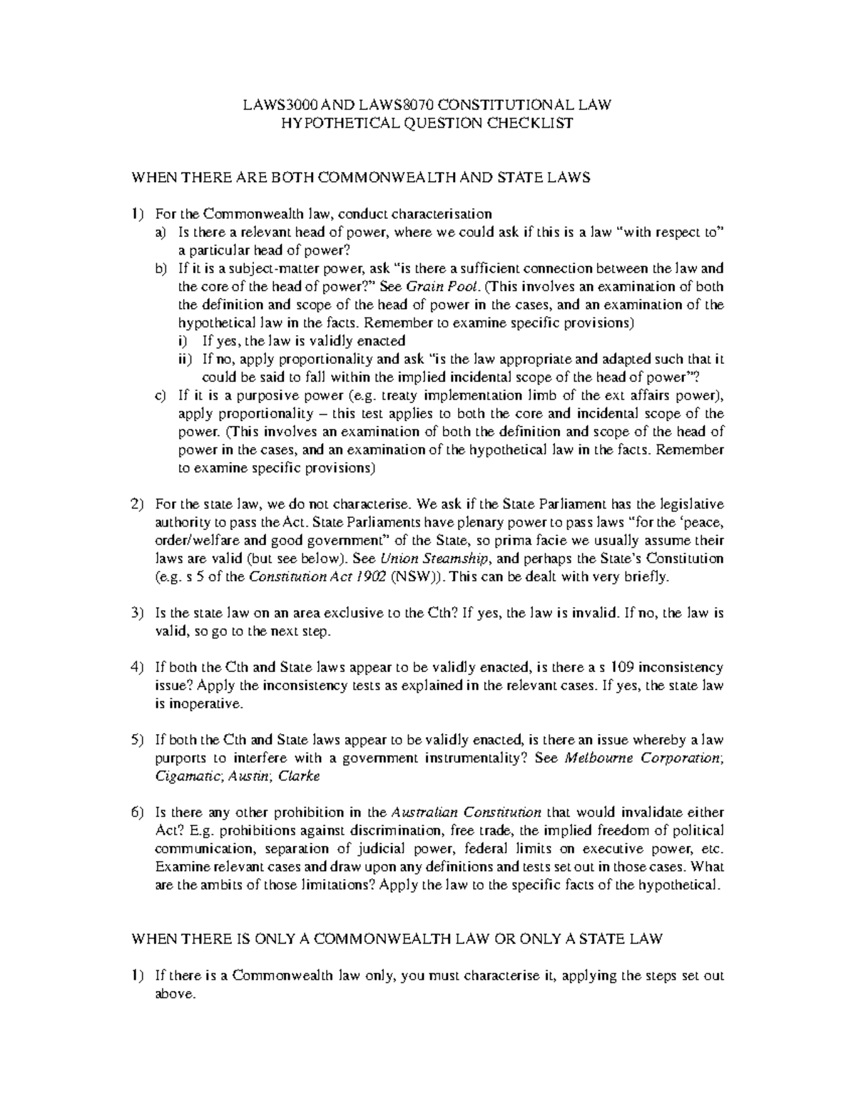 LAWS3000 Hypothetical Question Checklist - LAWS3000 AND LAWS8070 ...