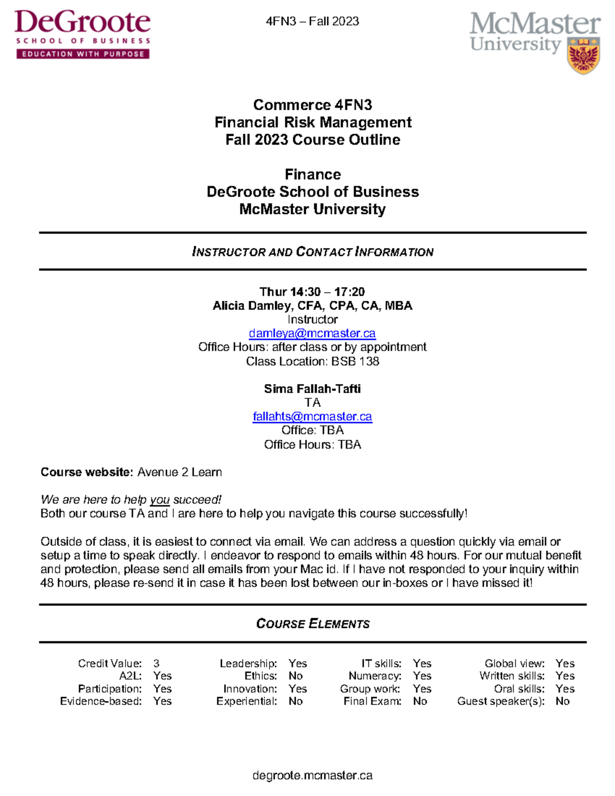4FN3 Course Outline Damley Fall2023 - Commerce 4FN 3 Financial Risk ...