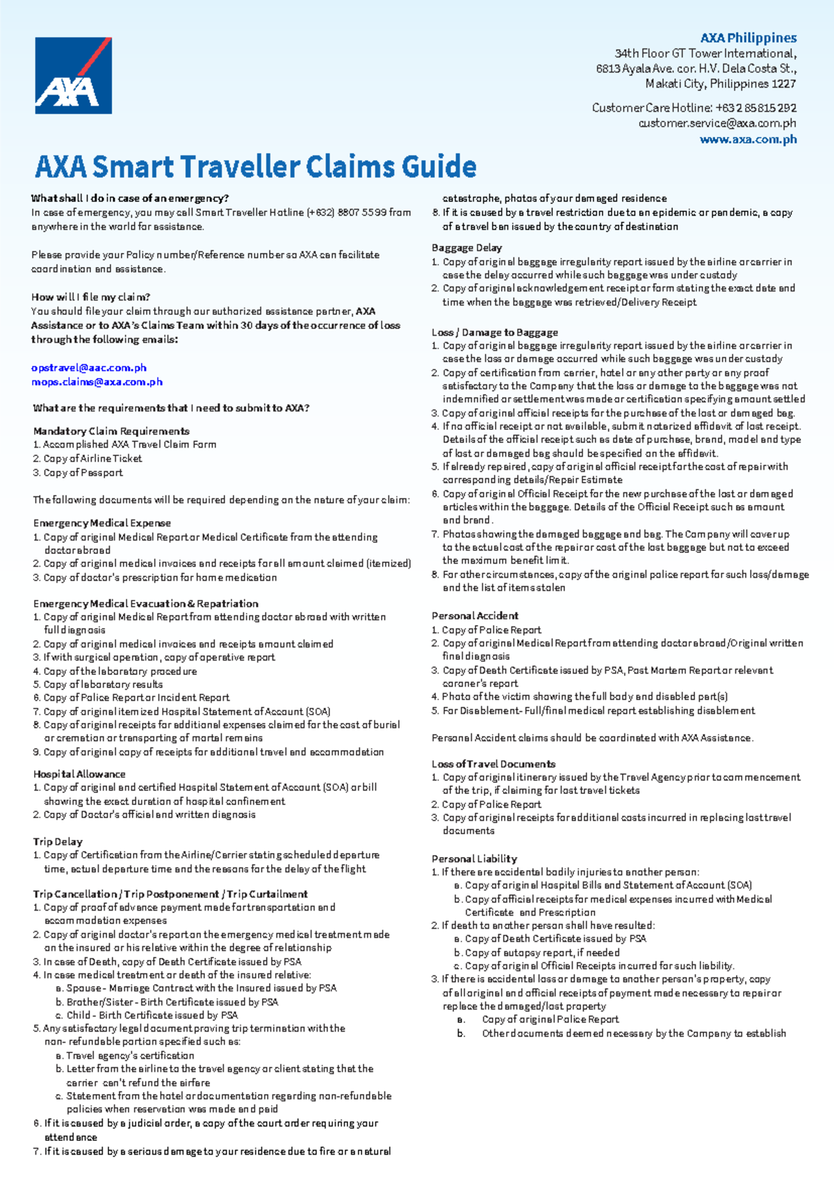 Smart Traveller Claims Guide and Form - AXA Philippines 34th Floor GT ...