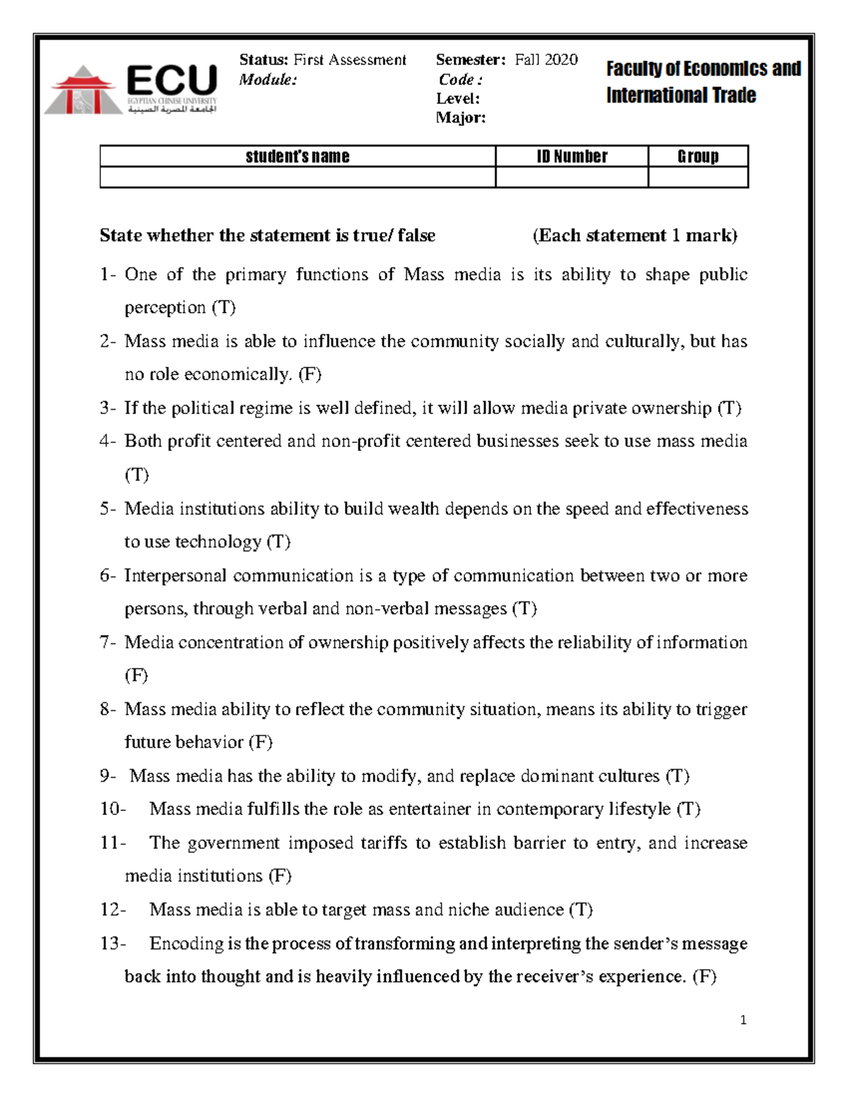 Assessment model answer version A - Status: First Assessment Semester ...