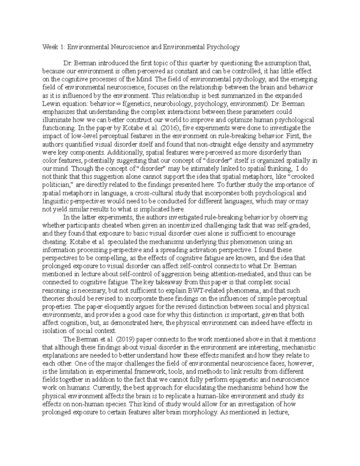 SOSC 14300 Discussion Posts - Week 1: Environmental Neuroscience and ...