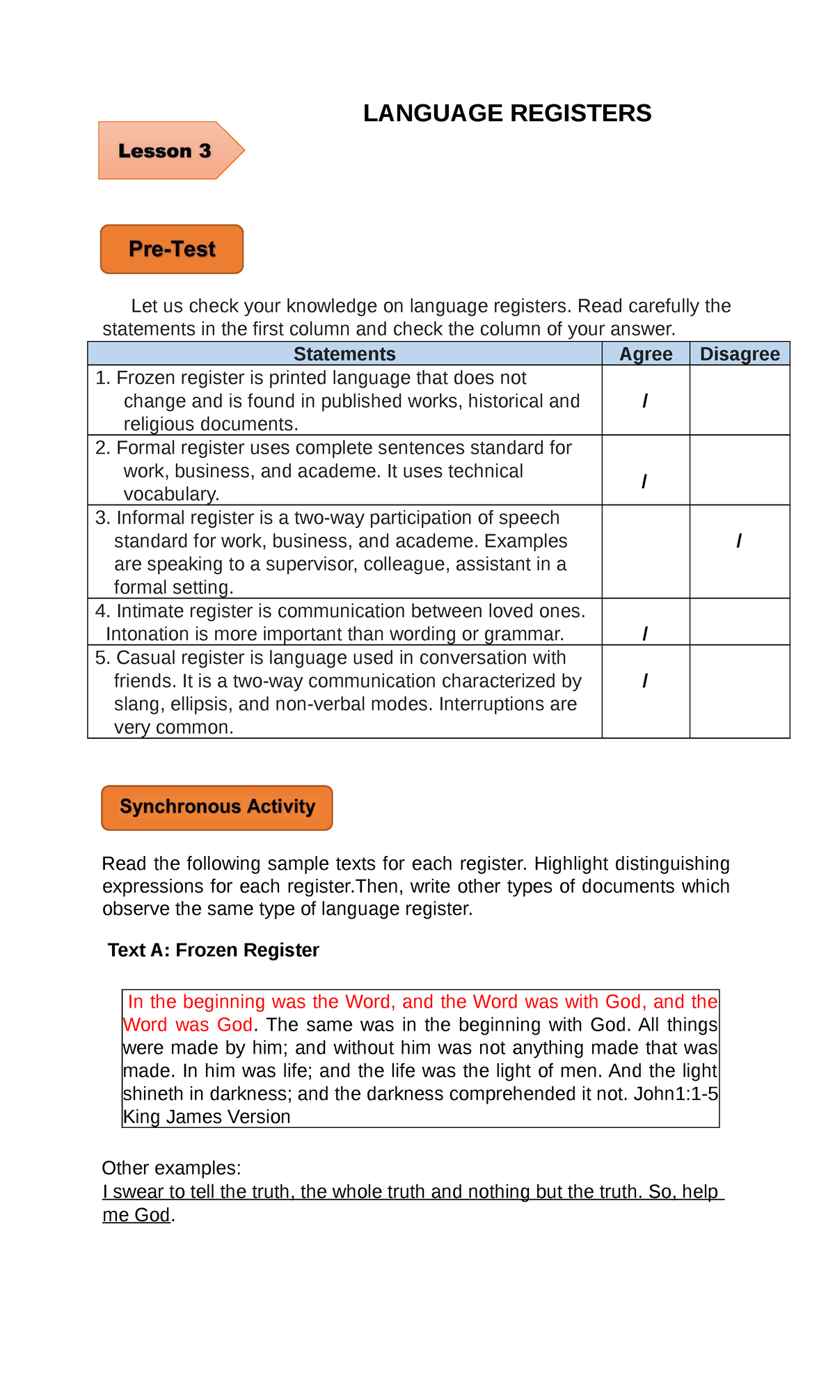 Language Registers - This document is practice exercise for purposive ...