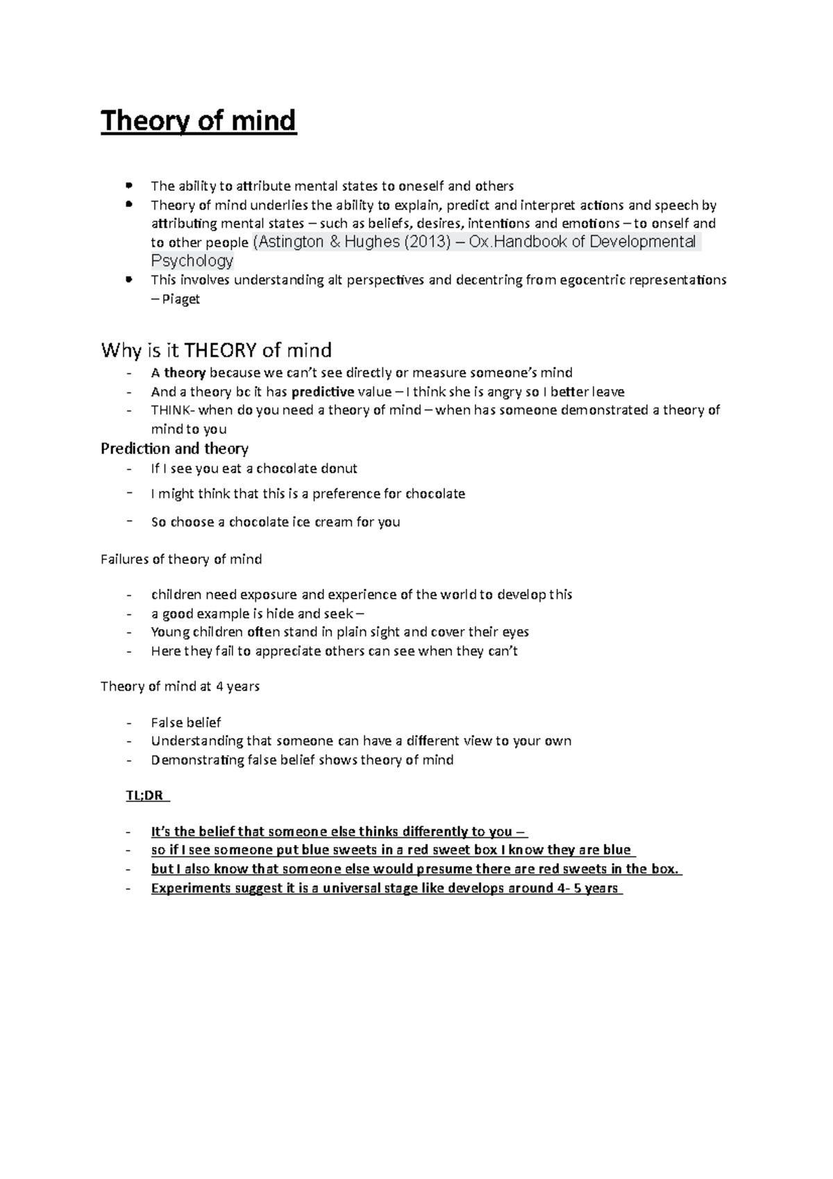 Theory of mind - Lecture notes - Theory of mind The ability to ...