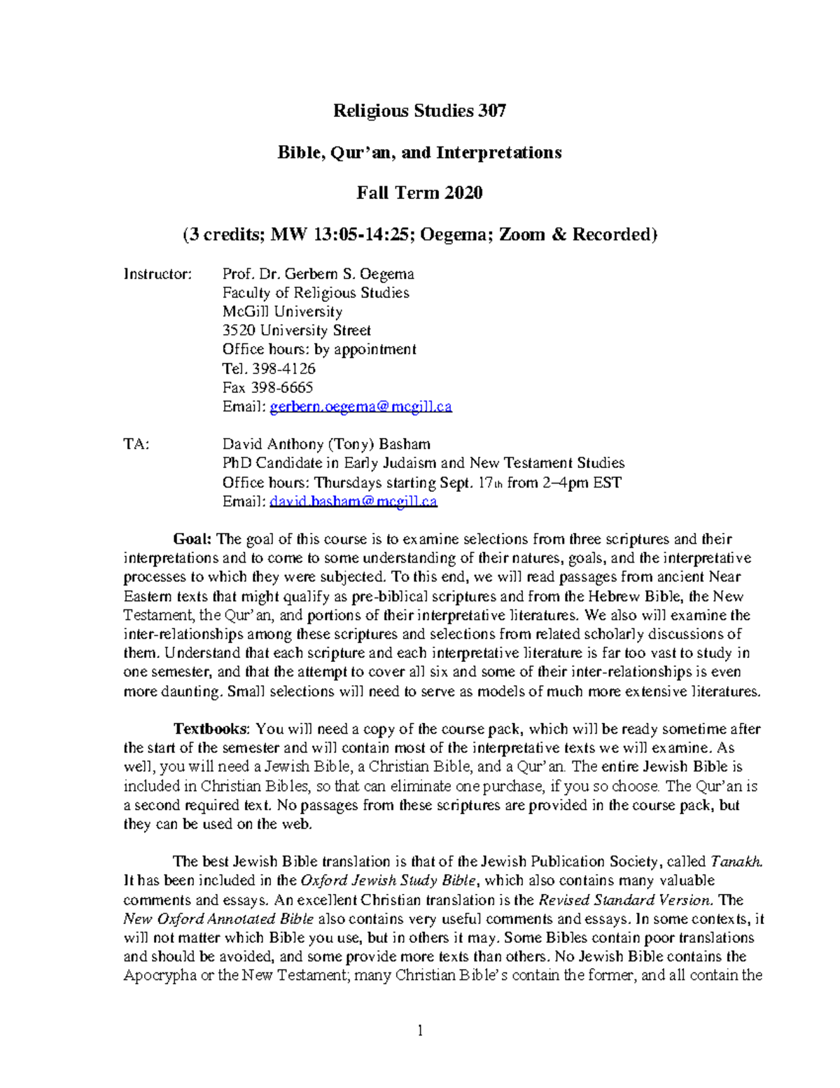 RELG 307-2020 - Syllabus - Religious Studies 307 Bible, Qur’an, and ...