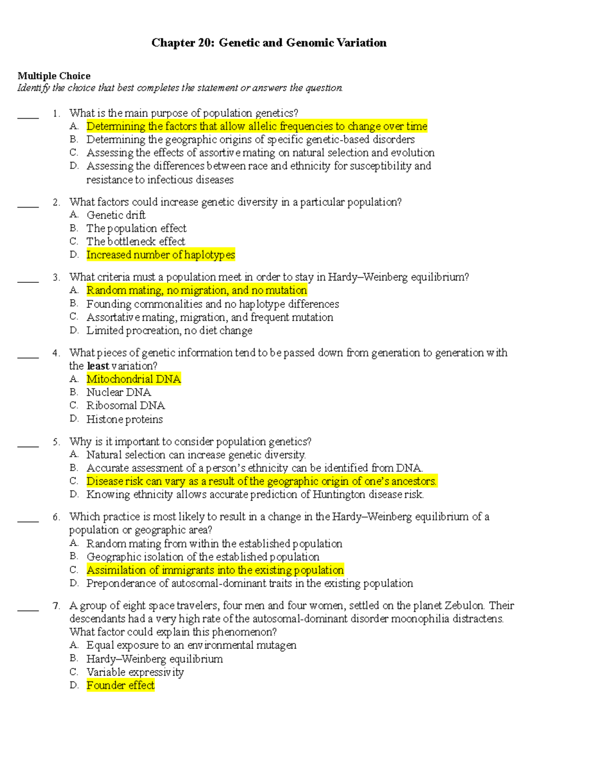 CH20 - Genetic and Genomic Variation - Practice Questions - Chapter 20 ...