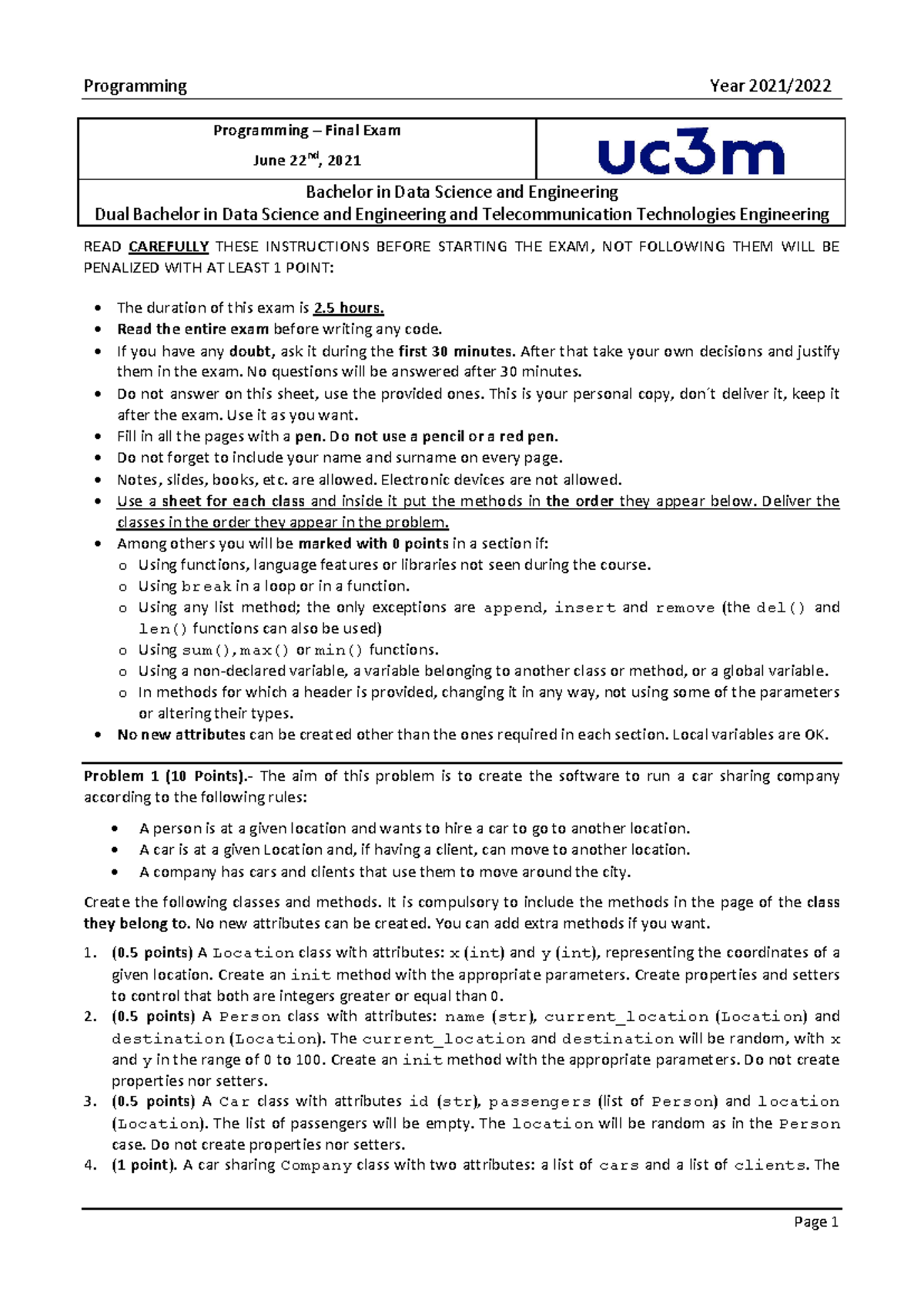 21 22 june 96 - examen - Programming Year 2021/ Page 1 Programming ...