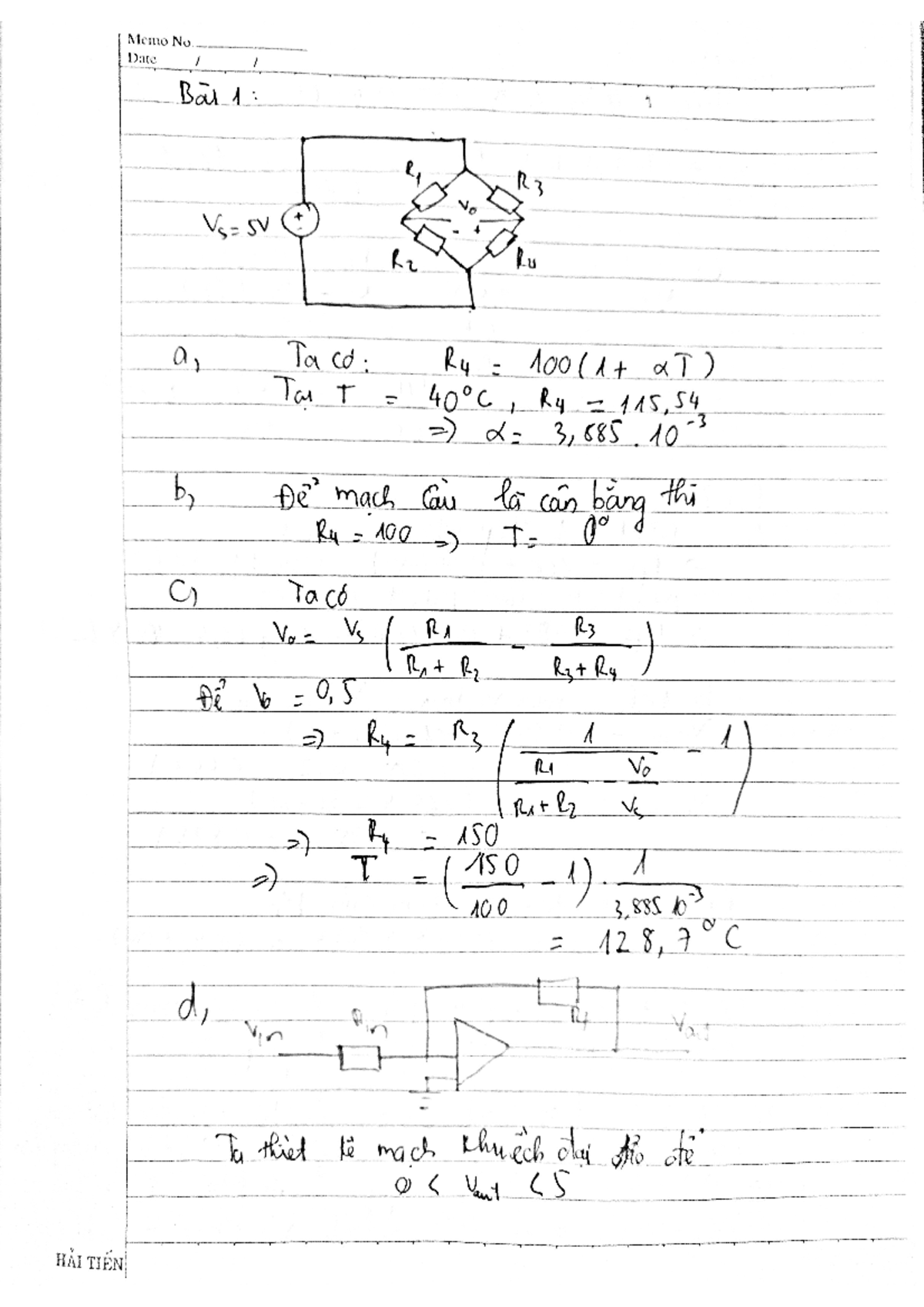 Dao Quang Huy 20210440 KTDL - Memo No. Date / Bar 1: R1 R3 Vo Vs=SV R2 Ru a, Taco: R4 = 100(1 ...
