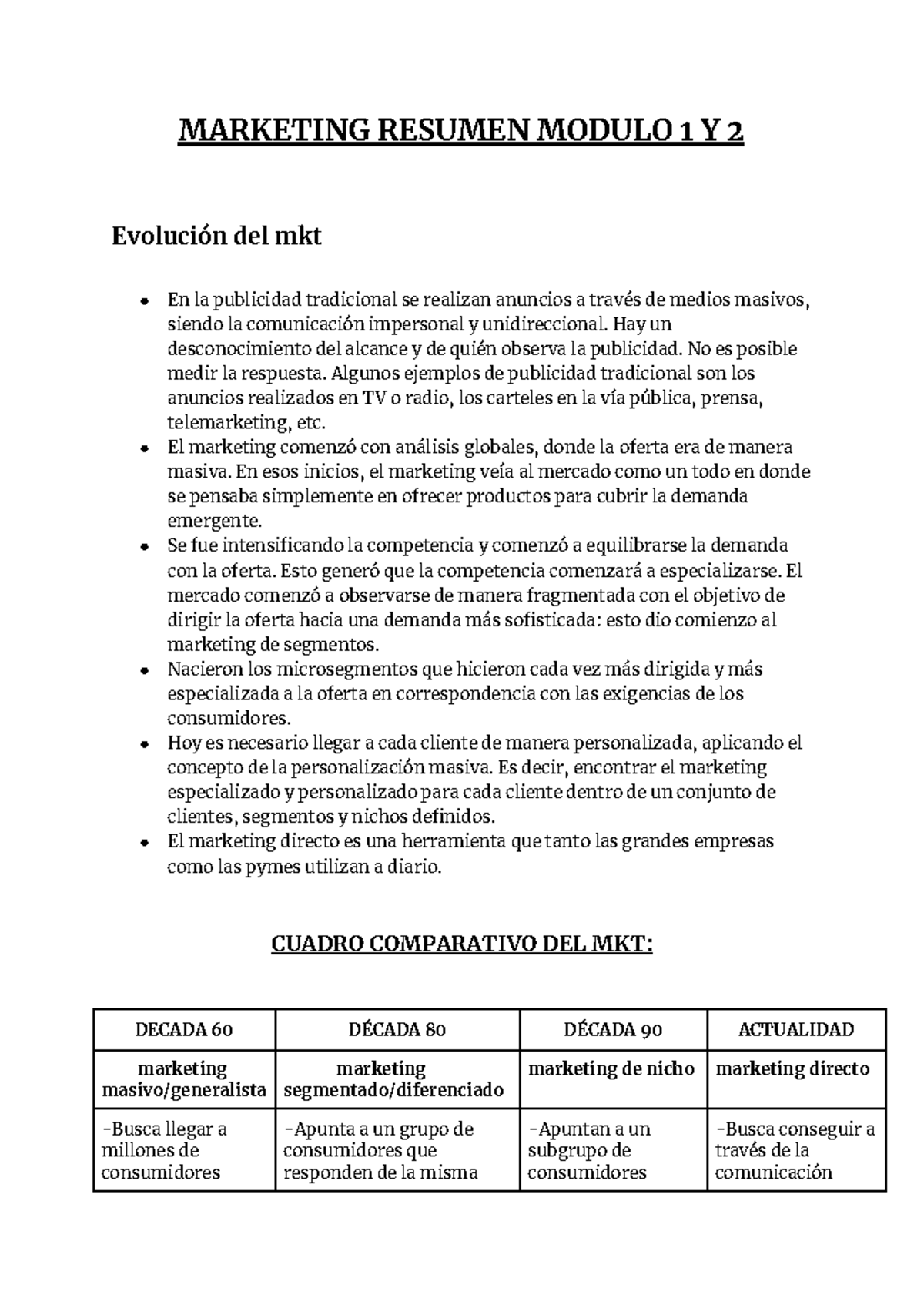 Marketing Resumen Modulo 1 Y 2 - MARKETING RESUMEN MODULO 1 Y 2 Evolución del mkt En la ...