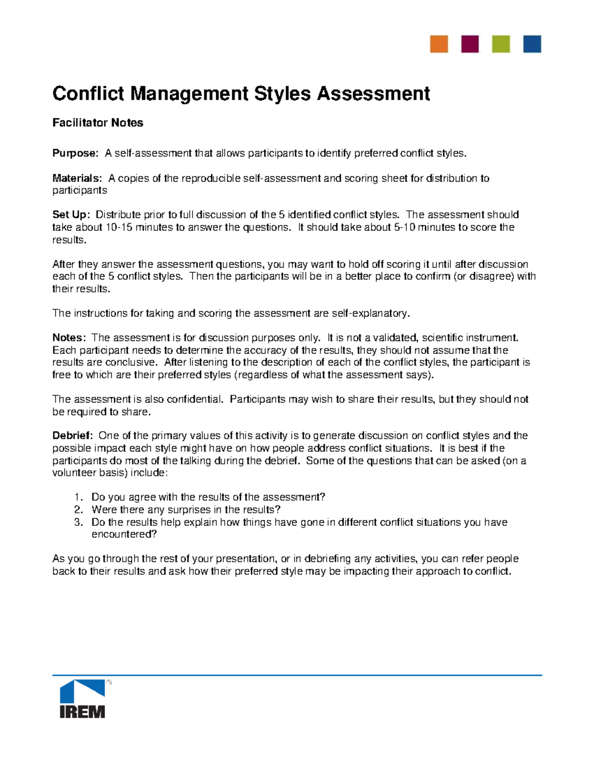 Activity Conflict Management Styles Assessment - Conflict Management ...