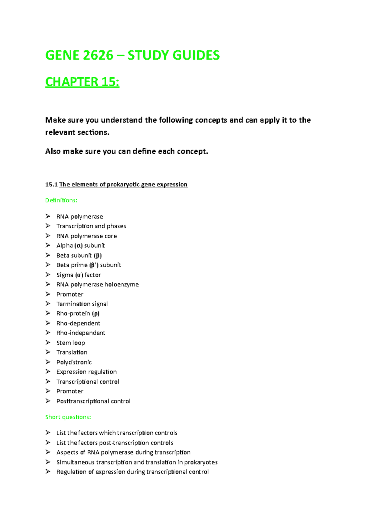 GENE 2626 - Chapter 15 - GENE 2626 – STUDY GUIDES CHAPTER 15: Make sure ...