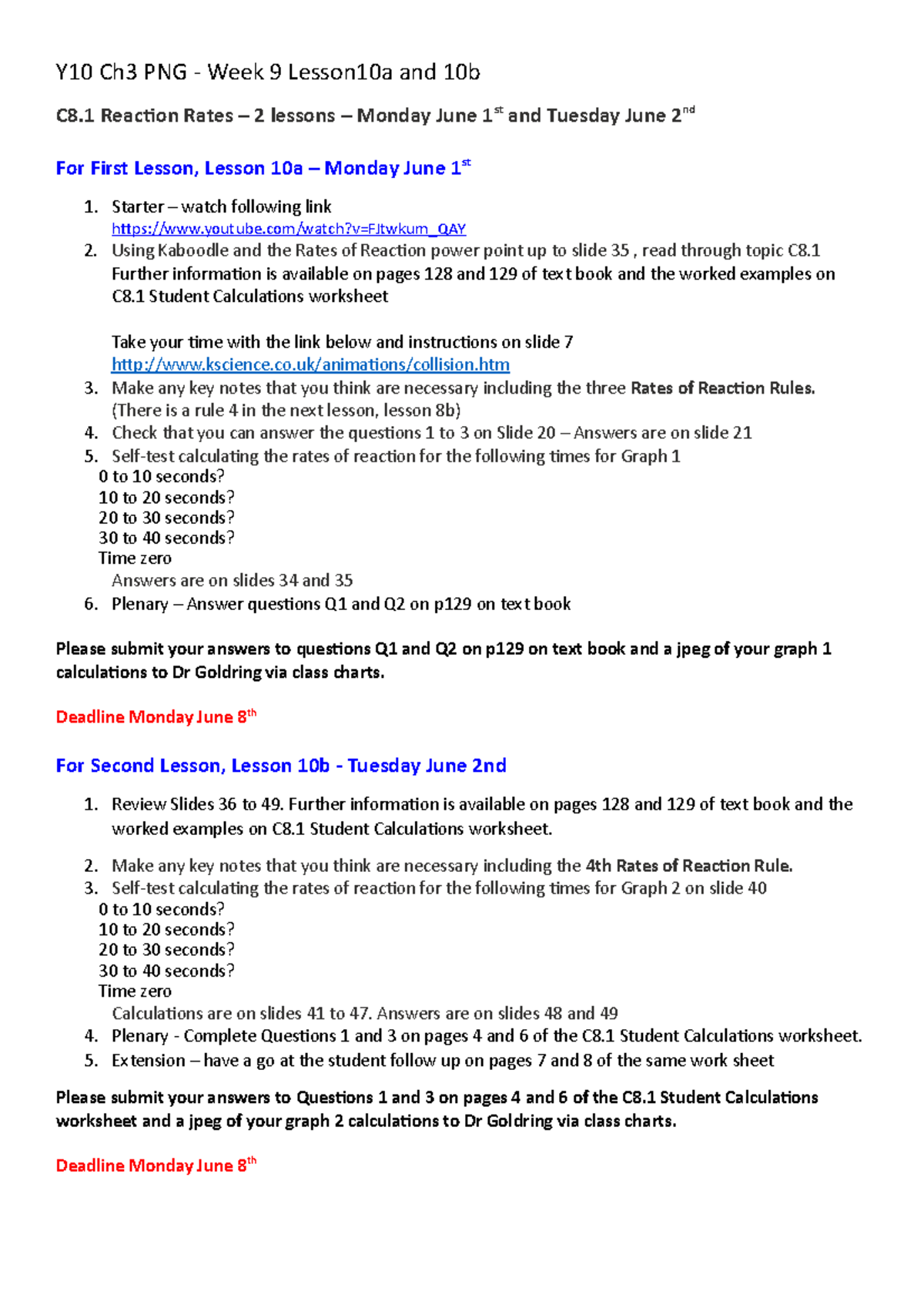 10Ch3 Instructions - Week 8 Lesson 10a and 10b Reaction rates - Y10 Ch3 ...