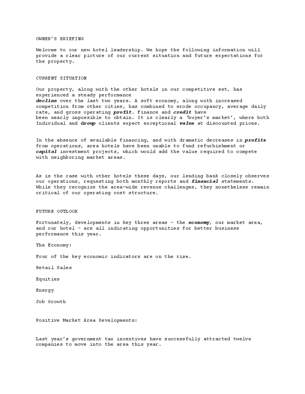 Owner class assignment - OWNER’S BRIEFING Welcome to our new hotel ...