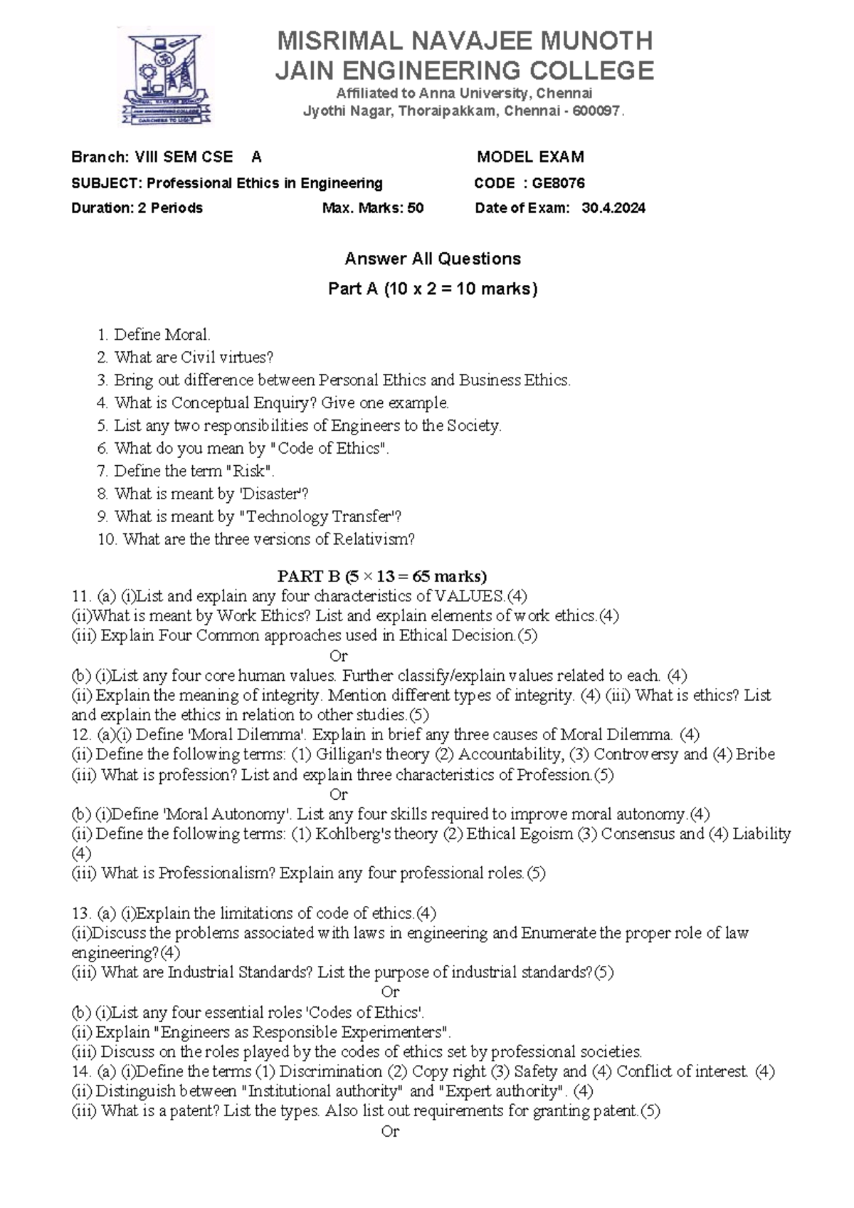 Ethics IAT 2 new - Qn paper for preparation - MISRIMAL NAVAJEE MUNOTH ...