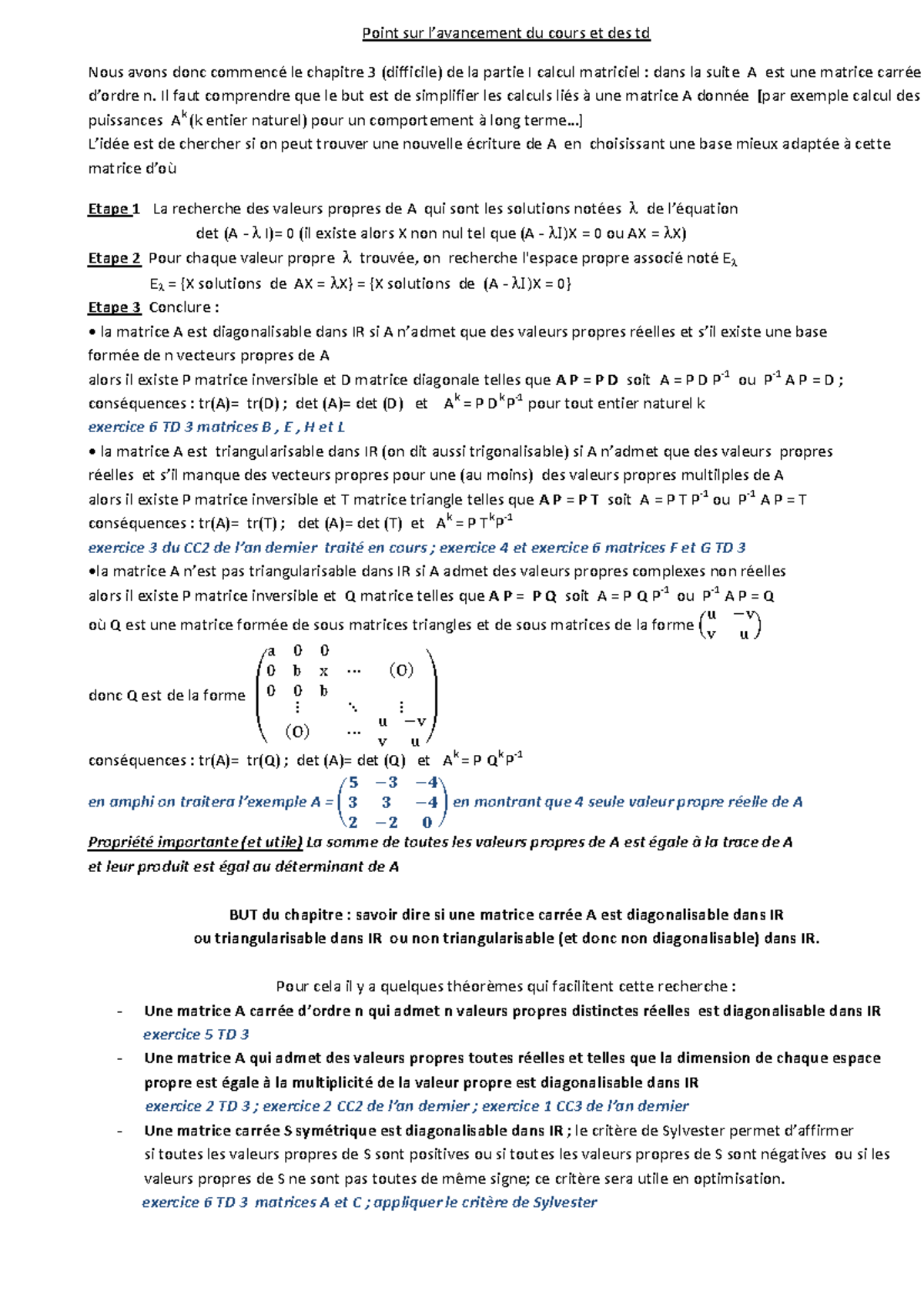 Ch 3 et TD3-2 - Rappel de cours et méthode de diagonalisation d'une matrice - Point sur l ...